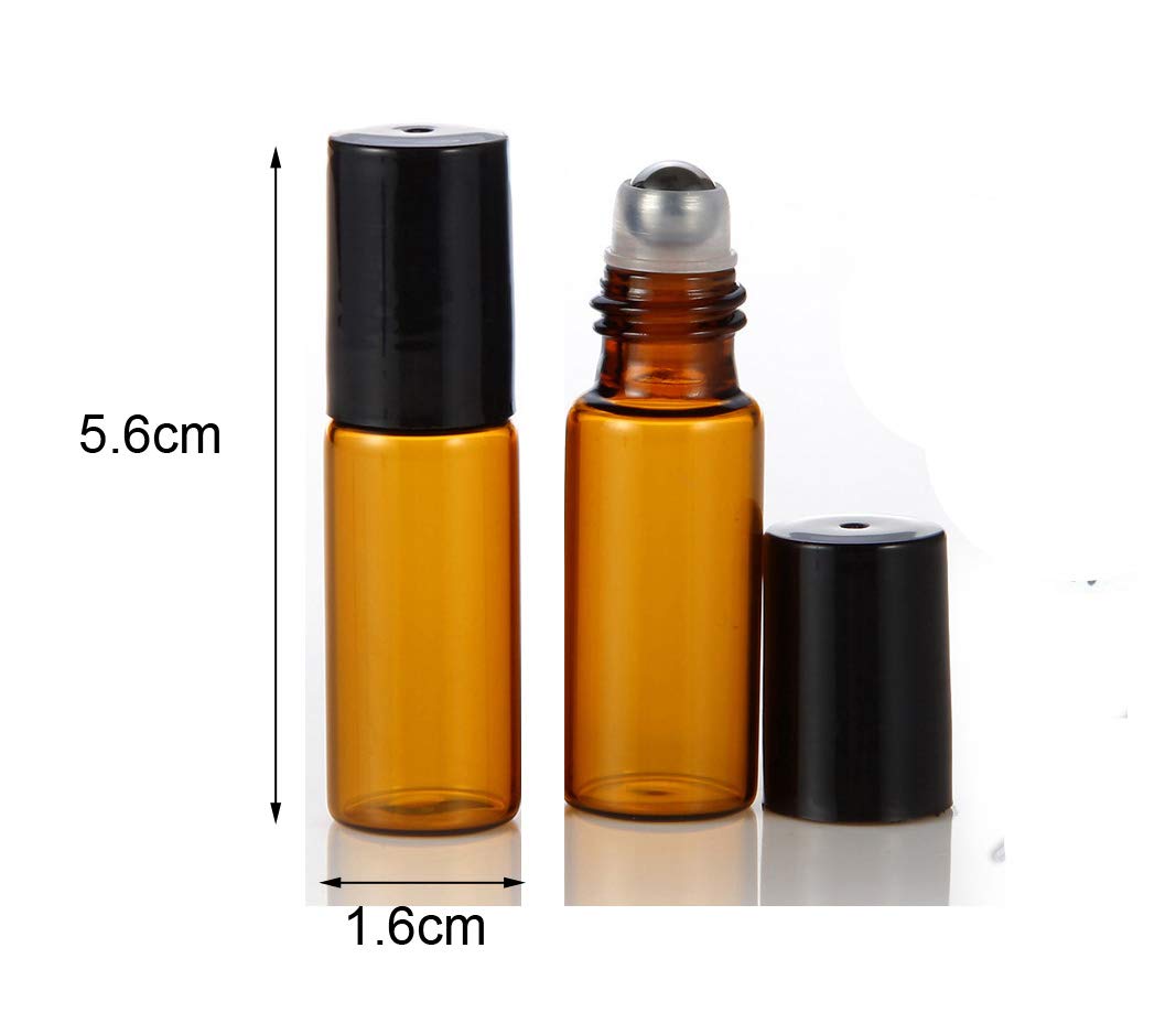 ELFENSTALL- 20PCS 5ml Amber Glass Roller Bottles Roll On Bottle Container with Metal Ball for Essential Oil Aromatherapy Perfumes and Lip Balms - 3ML Dropper Included