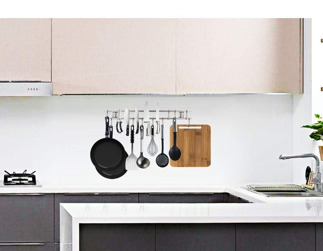 YOLLIT 24 Inch Stainless Steel Magnetic Knife Strip, with 10 Removable Square Hooks, Multi-use as Knife Holder, Utensil Rack, Cookware Rack, Cutting Board Rack, Space Saving Organizer for Kitchen