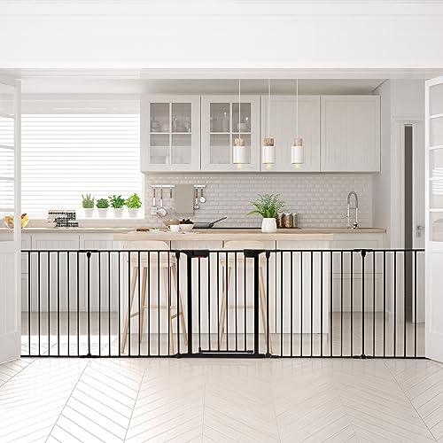 Costzon Baby Safety Gate, 121 Inch Length 5 Panel Adjustable Wide Fireplace Fence, BBQ Metal Fire Screen Gate, Pet Isolation Fence with Walk-Through Door, Freestanding Pets Gate (Black, 5-Panel)