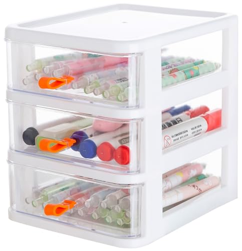 Gagee 3 Drawer Mini Desktop Unit,Plastic dressers with drawers for Arts and Crafts, Small Tools, Sewing Accessories, Stationary, and Hardware,Clear/White Frame