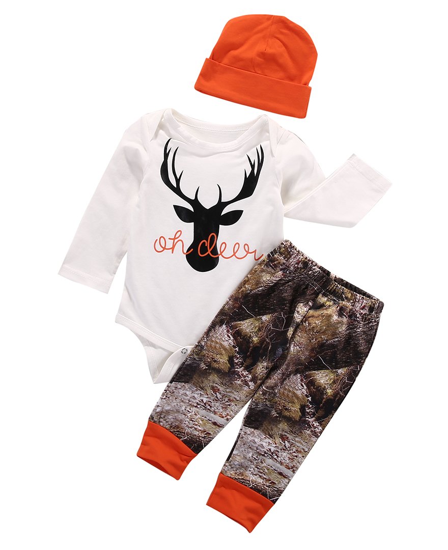 Shejingb Newborn Baby Boys Long Sleeve Letters Deer Romper Bodysuit Tops Camo Pants with Hat 3 Pcs Outfit Clothes Set (0-3 Months, Orange)