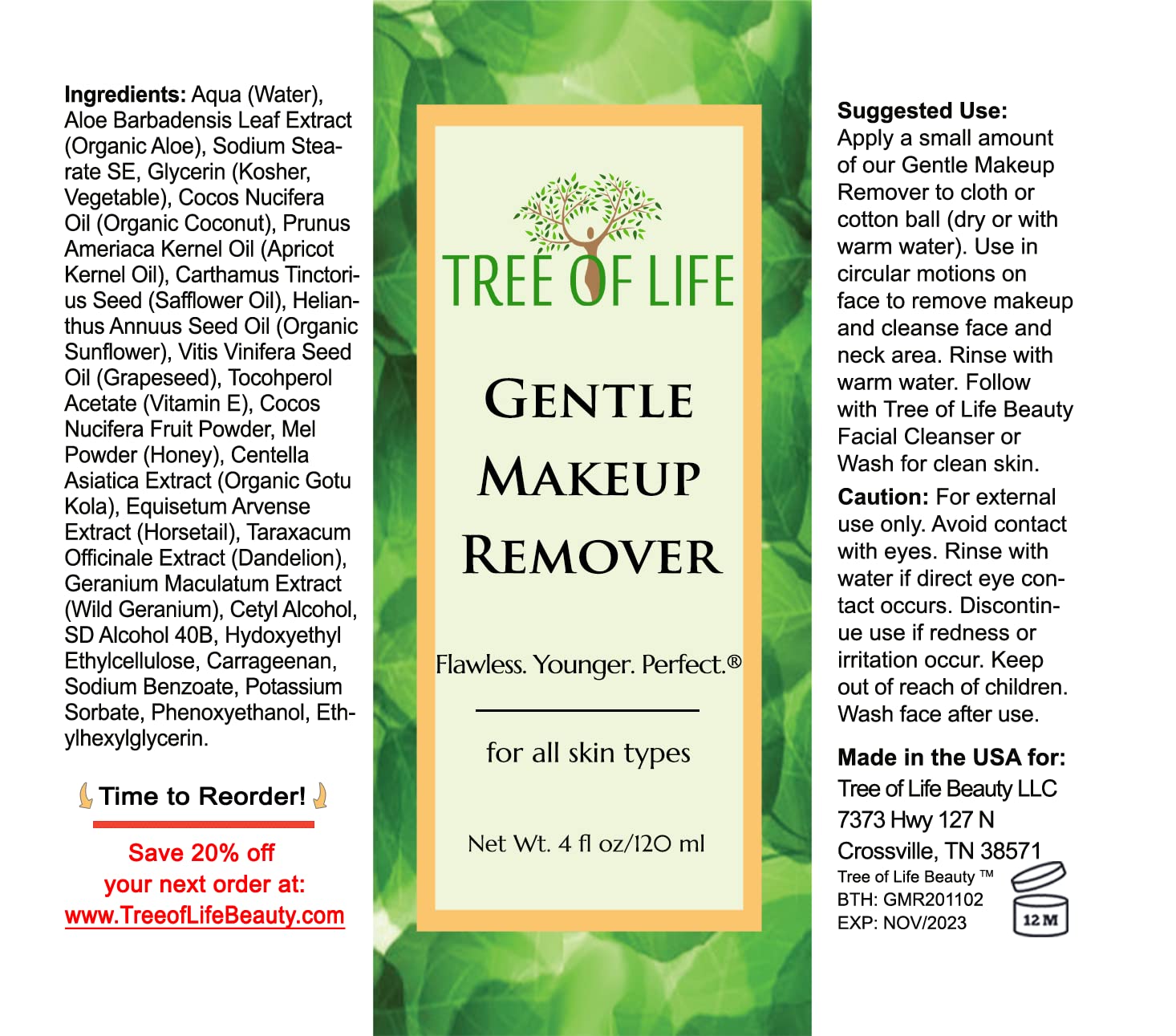 Tree of Life Gentle Makeup Remover for Face and Eye Area, 4 Fl Oz