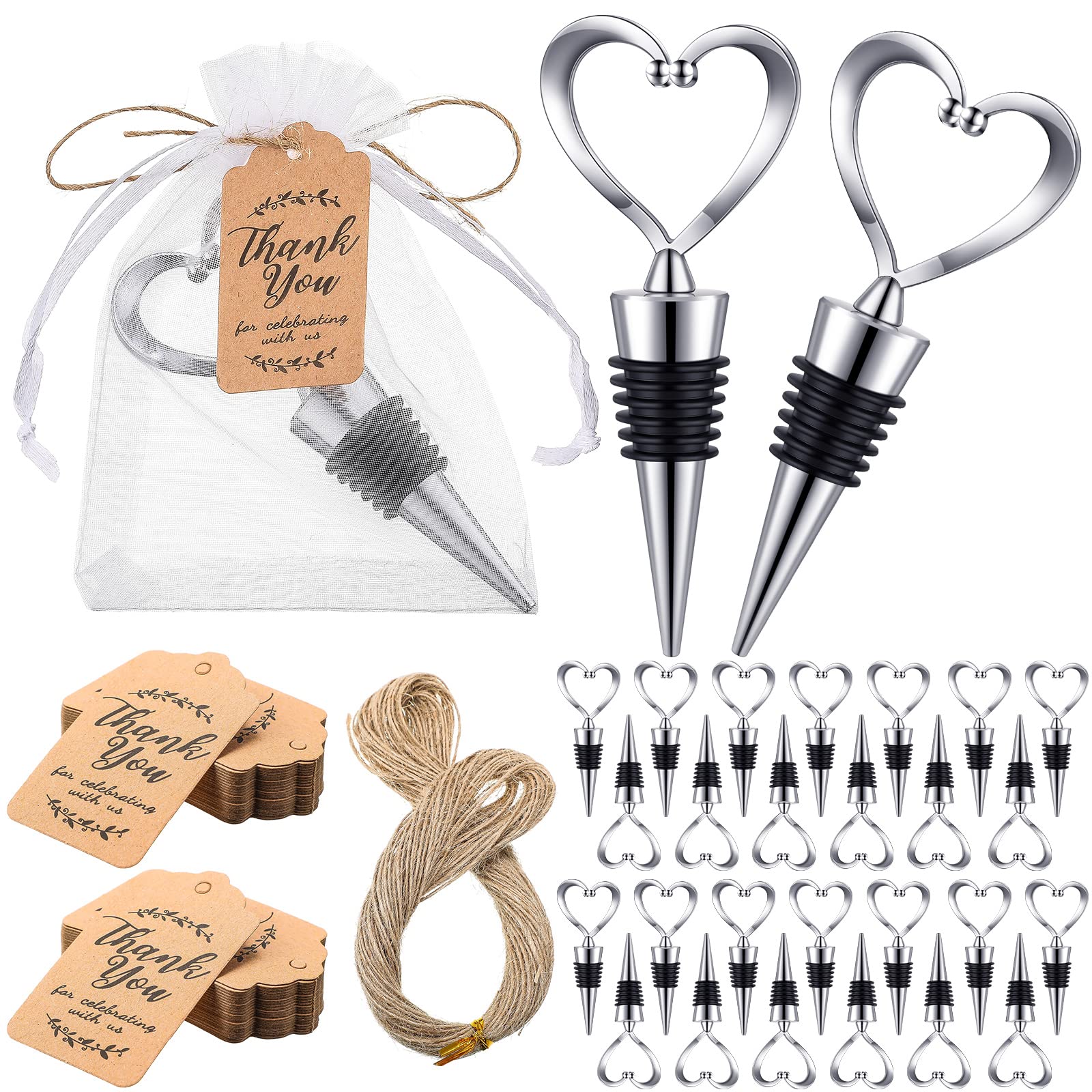 90 Pack Heart Shaped Wine Stoppers Wedding Favors for Guests Stainless Steel Love Beverage Bottle Stopper with 100 Tags 100 Organza Bags and Twine Bulk for Bridal Shower Valentines Party Favors Gifts