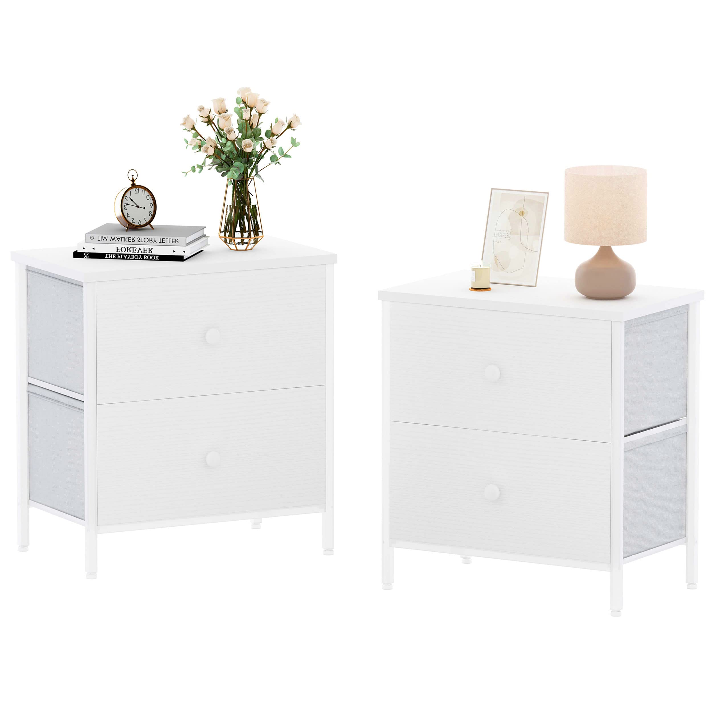 BOLUO White Nightstands Set of 2 - Nightstand and Dresser Sets Night Stand Dresser for Bedroom End Table with Fabric Drawers Organizer Modern