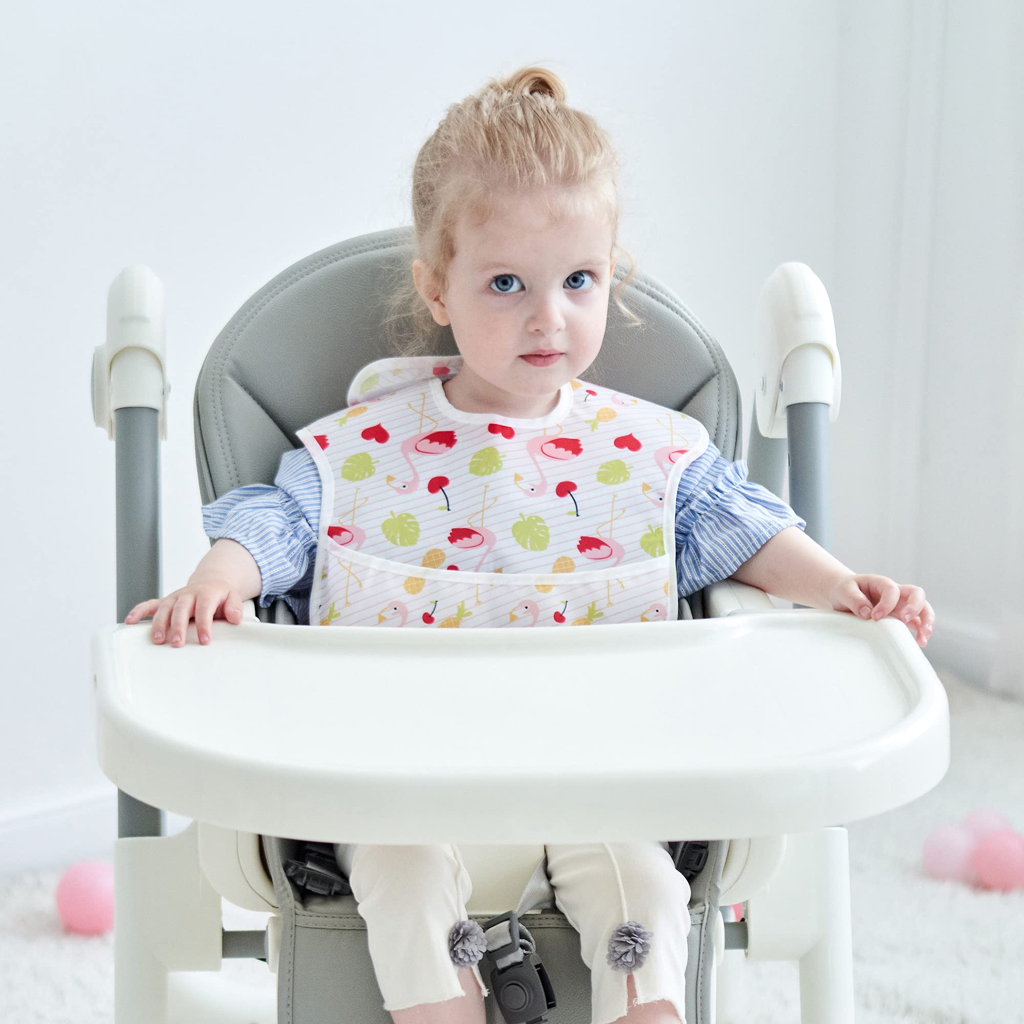 Little Dimsum 3 pack Baby Bibs Waterproof Bib Easy to Clean Feeding Bibs Weaning Bibs Adjustable Closed for Babies Toddlers with Large Pocket 6-36Months(Penguin & Flamingo &Triangle)