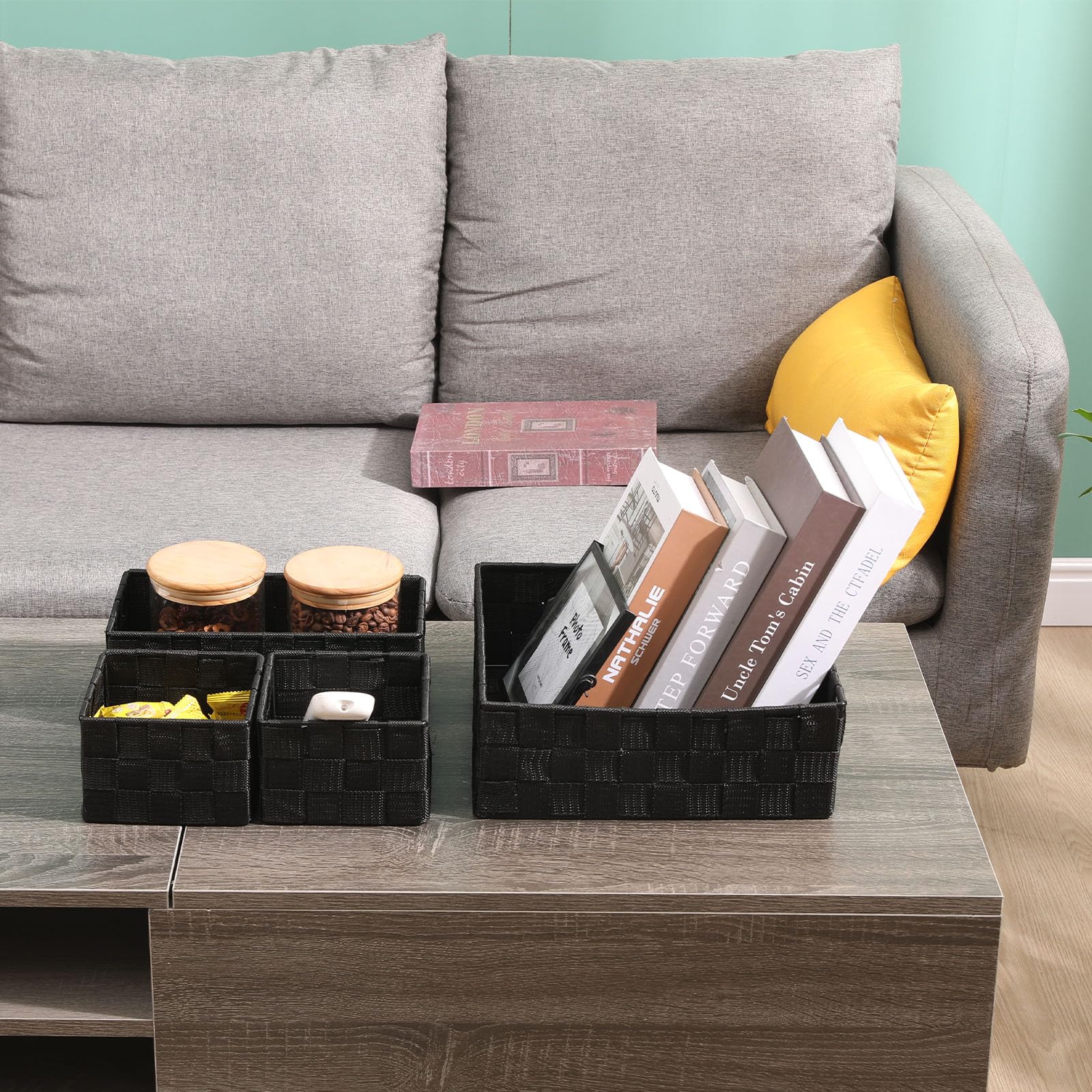 Fboxac Drawer Organizer Bins, Woven Storage Stackable Box Set of 4, Cube Baskets for Organizing Drawers, Shelves, Cabinets, and Dressers (Beige)