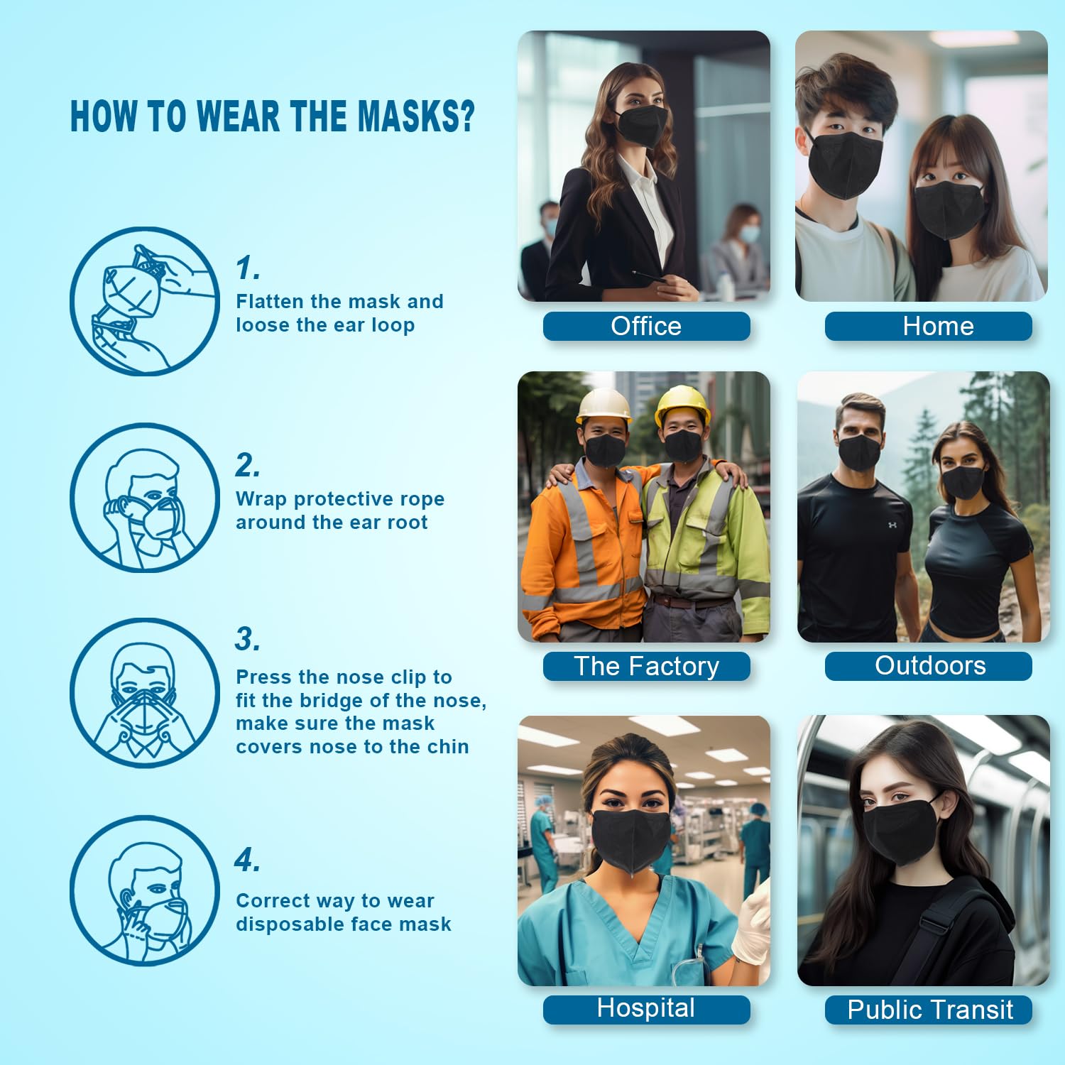 XIKII KN95 Face Mask Black, 50 Pack - 5-Layer Protective Masks, GB2626-2019 Certified, Comfortable Ear Loops, 98% High Filtration, Adjustable Nose Bridge, Non-Medical Respirators for Everyday Safety