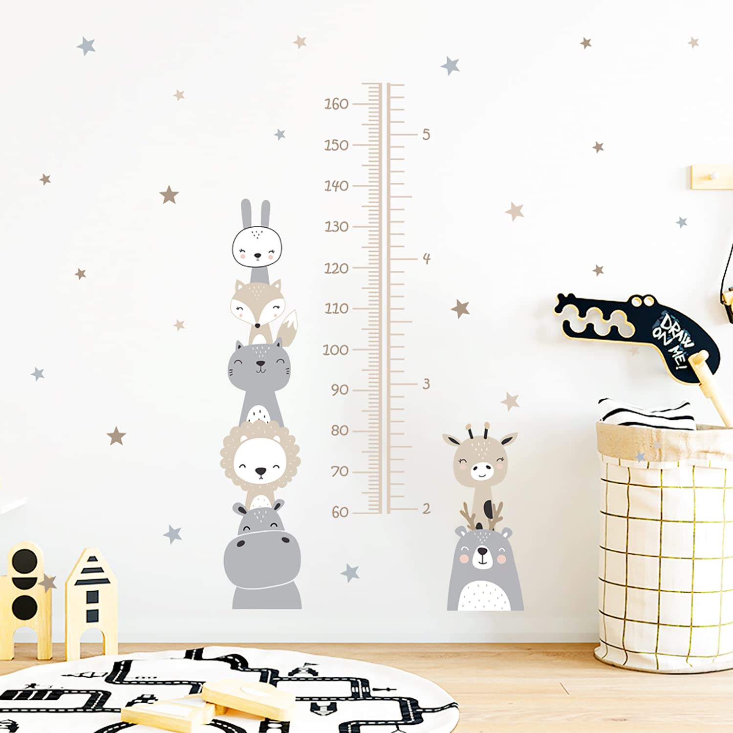 Cartoon Animals Height Growth Chart Wall Sticker Boho Style Peel and Stick Removable Wall Decals Children Kindergarten Nursery Bedroom Door Decoration (Beige & Grey)