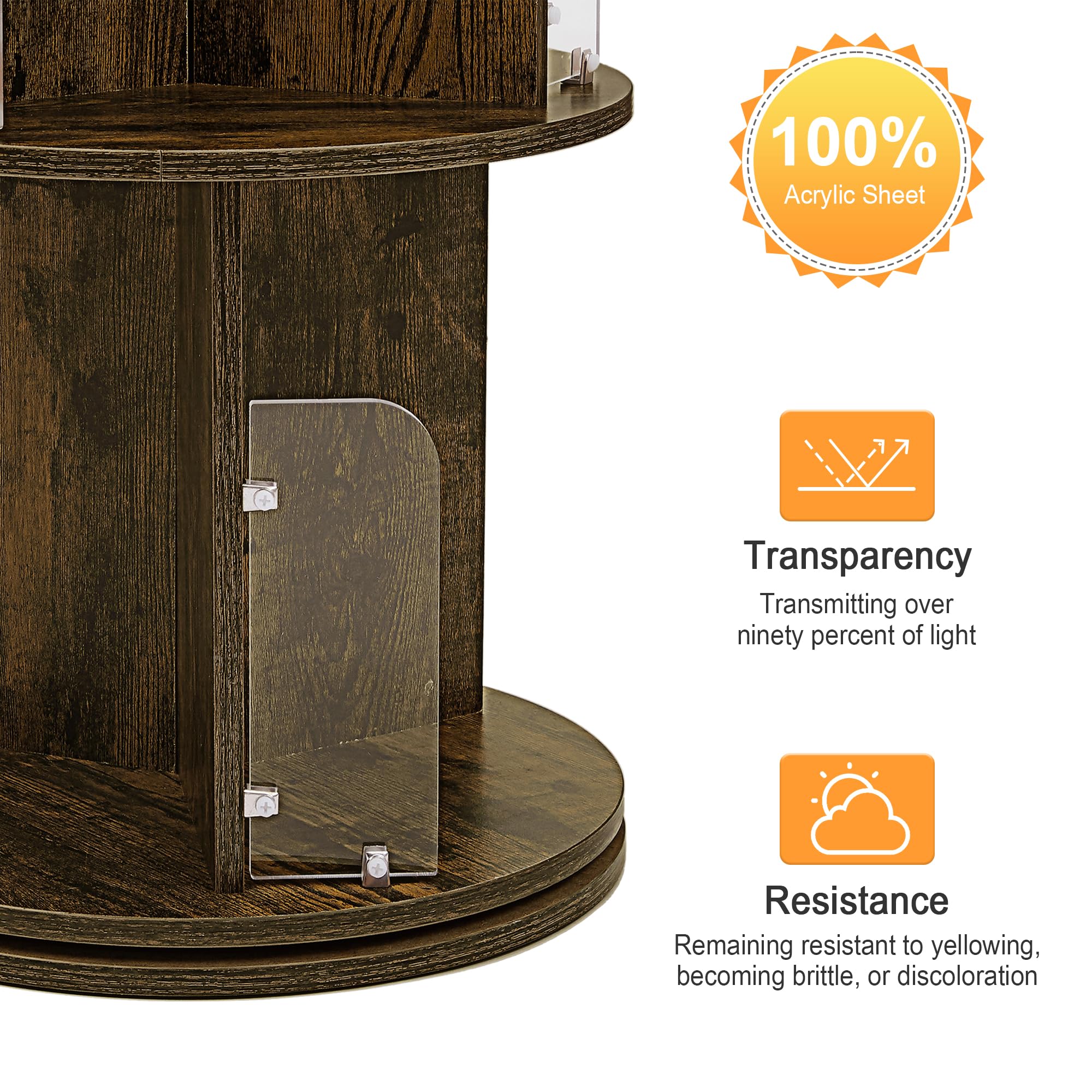 VECELO 4 Tier Revolving Bookshelf Tower, 360° Display Floor Standing Storage Rack with Acrylic Visible Window Partition for Bedroom, Living Room Home and Office, Brown