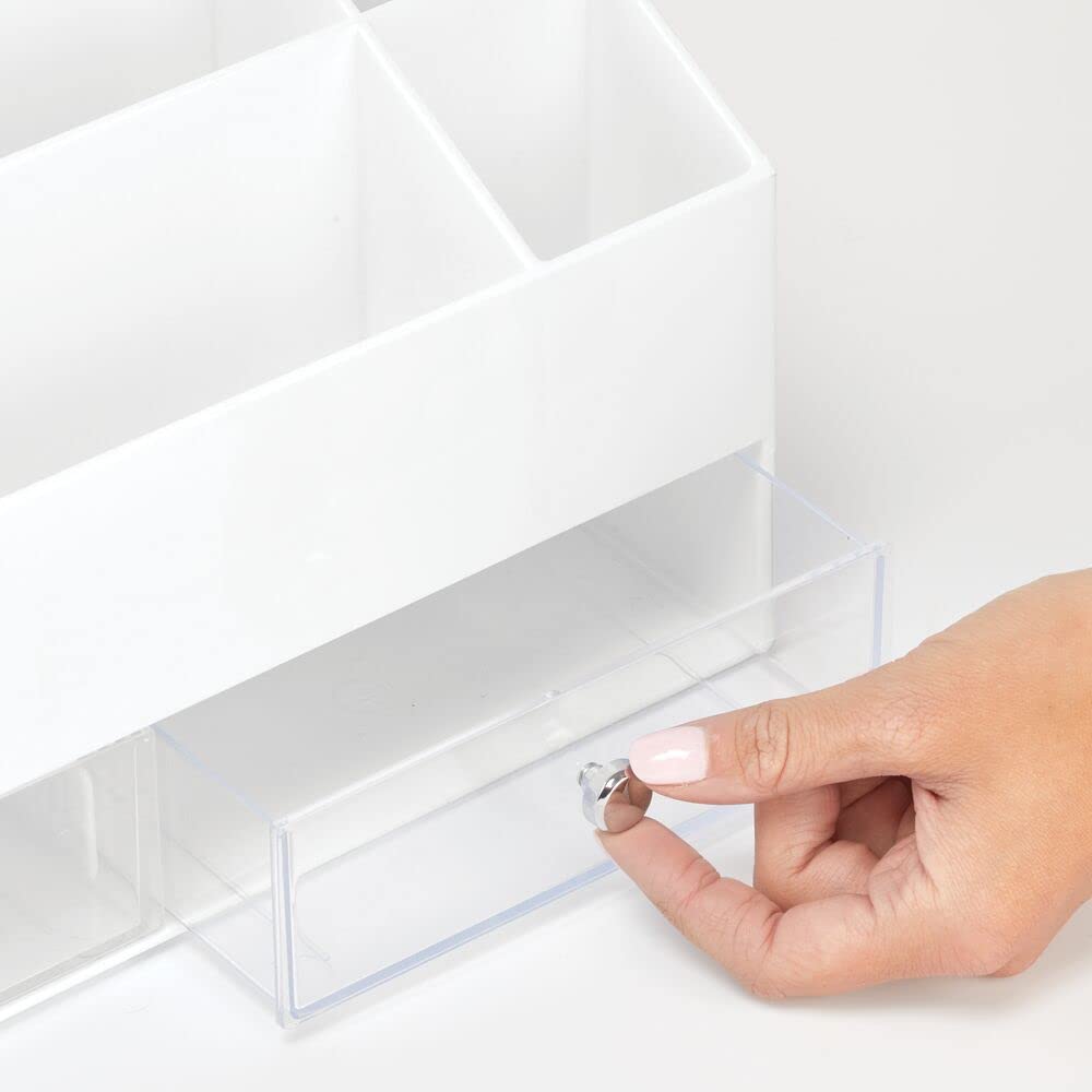 mDesign Plastic Makeup Storage Organizer with 2 Drawers and 5 Divided Sections for Bathroom, Vanity, Cabinet, Countertops - Storage for Cosmetics, Brushes, Blush - Lumiere Collection - White/Clear