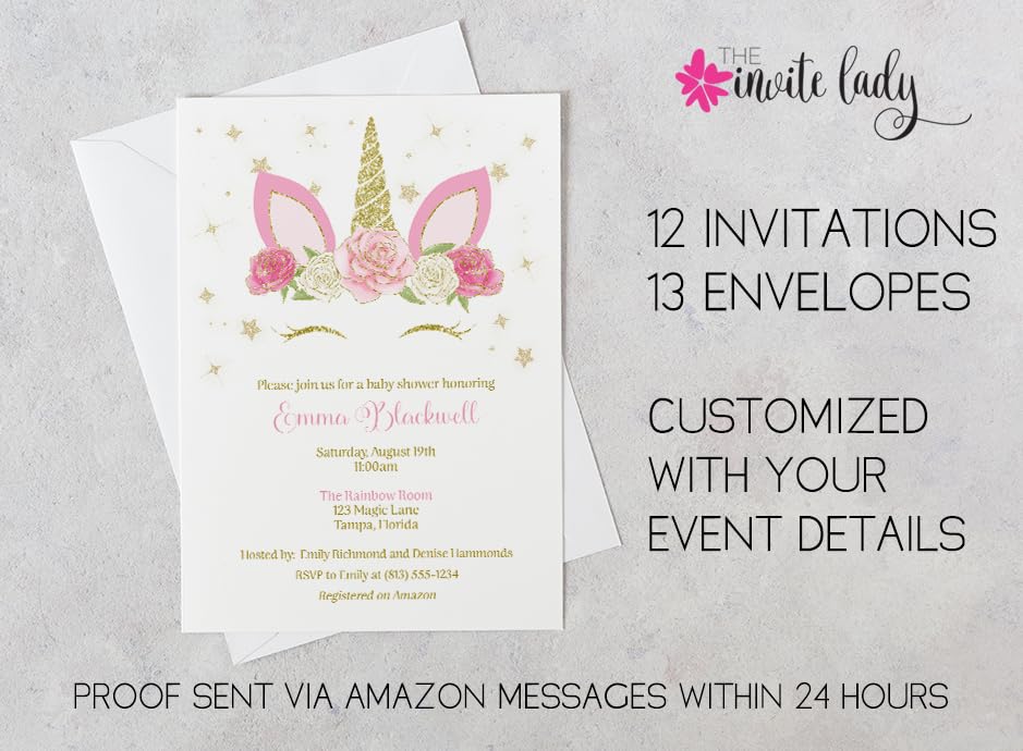Unicorn Baby Shower Invitations Magical Birthday Party Pink Gold Mystical Glitter Sparkle Custom Printed Cards (12 count)