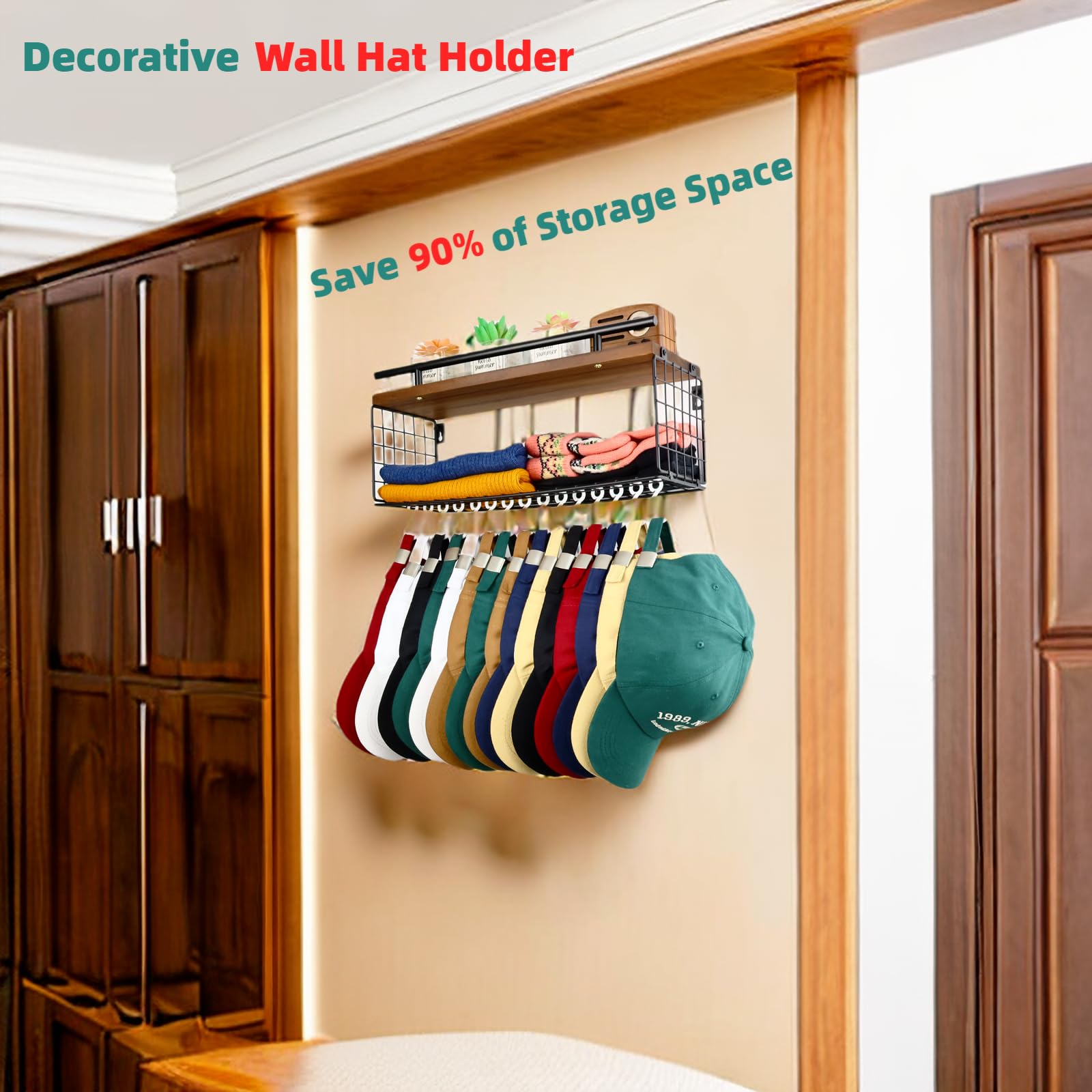 FUMOLY Metal Hat Shelf for Wall, Pine Wood Baseball Cap Holder with 15 Hooks, Dome Dock Hat Rack, Baseball Cap Organizer, Hat Display Wall Mount, Hat Hanger for Accessories