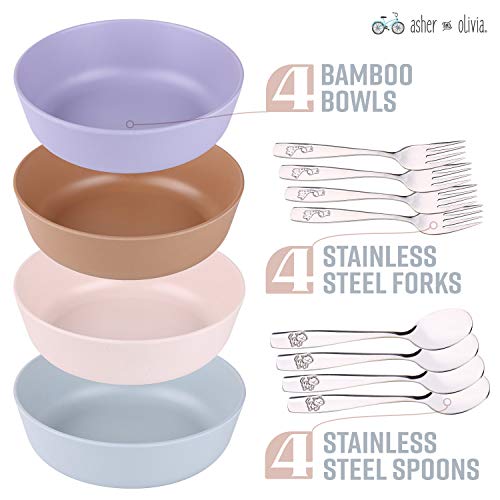 Bamboo Baby Bowl and Stainless Steel Silverware Set β (12-Piece) 4 Bamboo Bowls Kids, 4 Forks and 4 Spoons β Eco-Friendly BPA Free β Self Feeding Dishwasher Safe Baby Bamboo Bowl