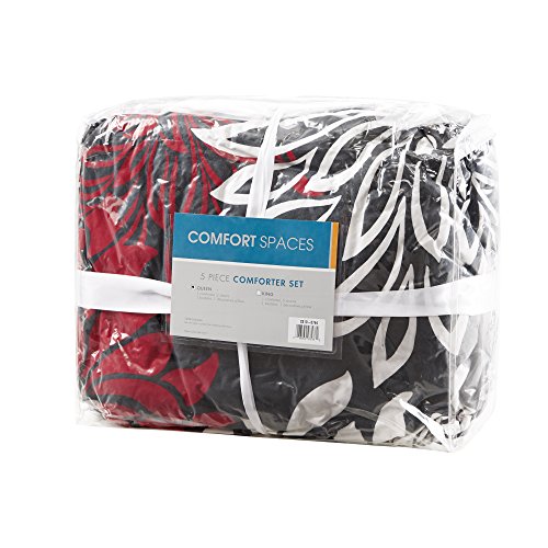 Comfort Spaces Enya Comforter Set-Modern Floral Design All Season Down Alternative Bedding, Matching Shams, Bedskirt, Decorative Pillows, Queen(90"x90"), Red/Black