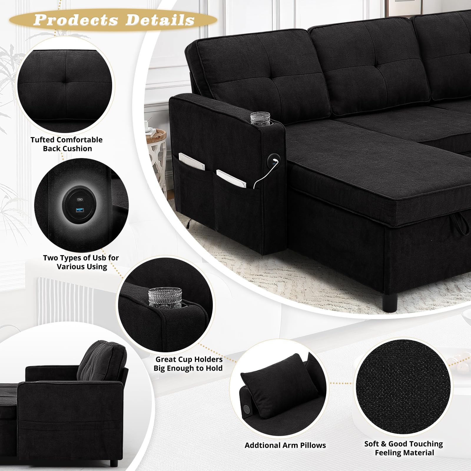 ACMEASE 84" L-Shaped Pull Out Sofa Bed w/Storage Chaise, Tufted Sectional Sofa w/USB Port, Chenille Sleeper Couch w/Cup Holders for Living Room, Orange