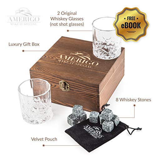 πππ¦π§ ππππ§: Impressive Whiskey Stones Gift Set with 2 Glasses - Be Different When Choosing a Gift - Luxury Box with 8 Granite Whiskey Rocks, Ice Tongs - Ice Cubes Reusable - Best Man Gift