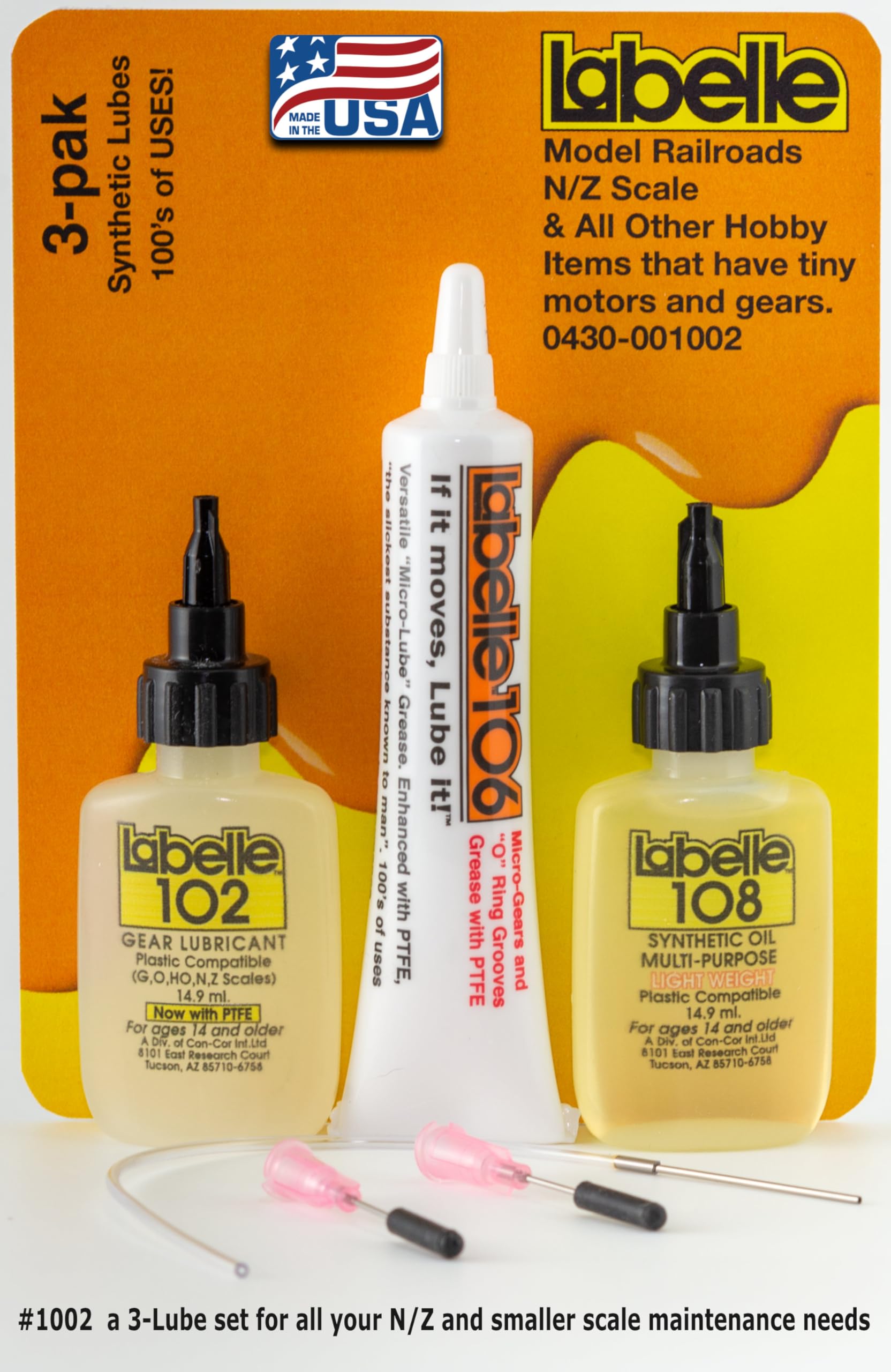 Labelle 3-pak (2 Oils and a Grease) for All N & Z Brands of Scale Model Trains, Slot Cars Under 1/87 Scale,Small RC Vehicles, All Toys and Other mechanized Items with a Motor Shorter Than 1 inch Long