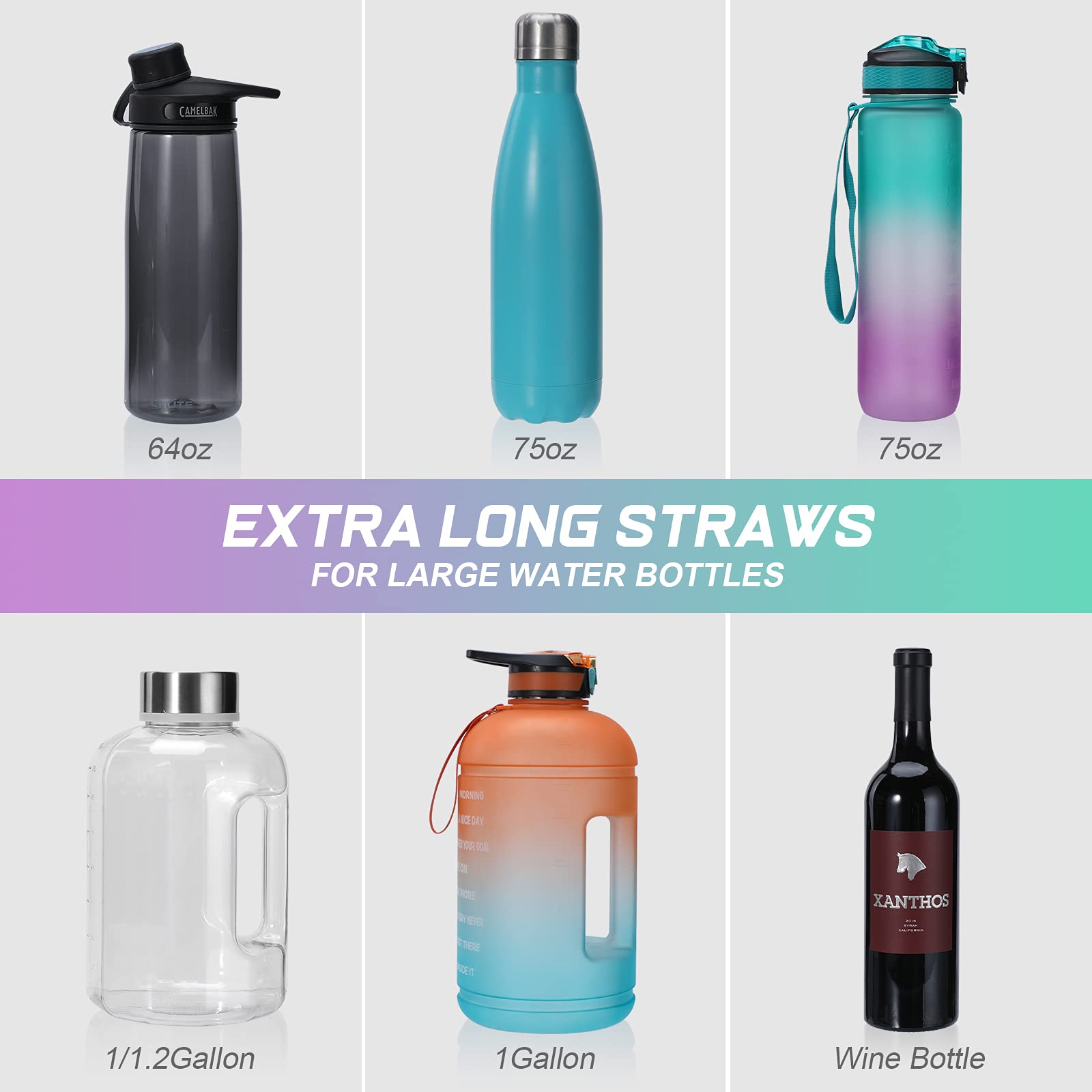 ４ Pack, Extra Long 15 Inch Reusable Silicone Straws for Large Water Bottle, Wine Bottle - 1 Gallon 128 75 64 OZ Tumbler - Flexible Drinking Straws for Extra Tall Cups - 2 Cleaning Brushes