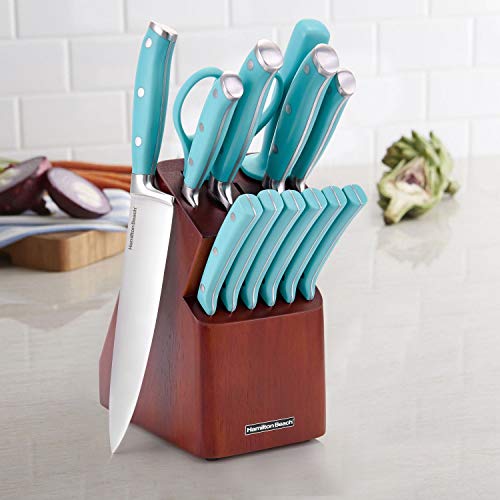 Hamilton Beach 14-Piece Kitchen Knife Cutlery Set, Aqua Blue Handles, Sharp Stainless Steel, Wood Block with Chef's, Santoku, Bread, Steak, Paring, Utility Knives, and Scissors
