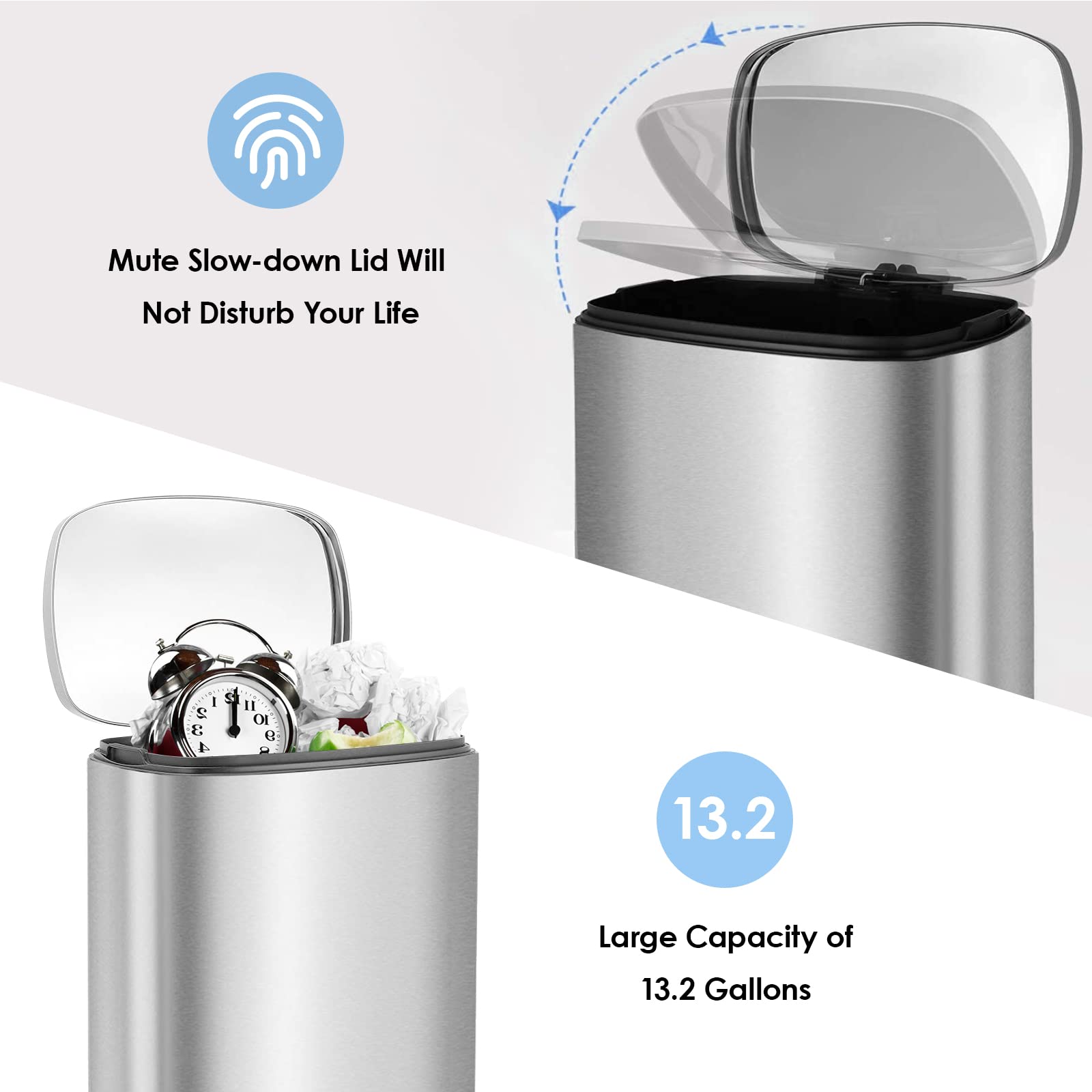 Increkid 13.2 Gallon Trash Can, Stainless Steel Kitchen Garbage Bin with Inner Buckets and Hinged Lid, Rectangular Step on Dustbin, Soft-Close, Airtight for Home Office Bathroom Mall(50 L) (Silver)