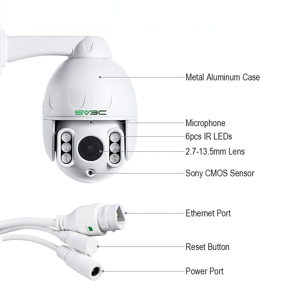 SV3C PTZ Poe Camera Outdoor 5MP Onvif Security Camera, 5X Optical Zoom, Auto Focus, Two-Way Audio, HD Night Vision, Waterproof, APP Motion Alerts, RTSP, Remote View, 24/7 Recording, Wired