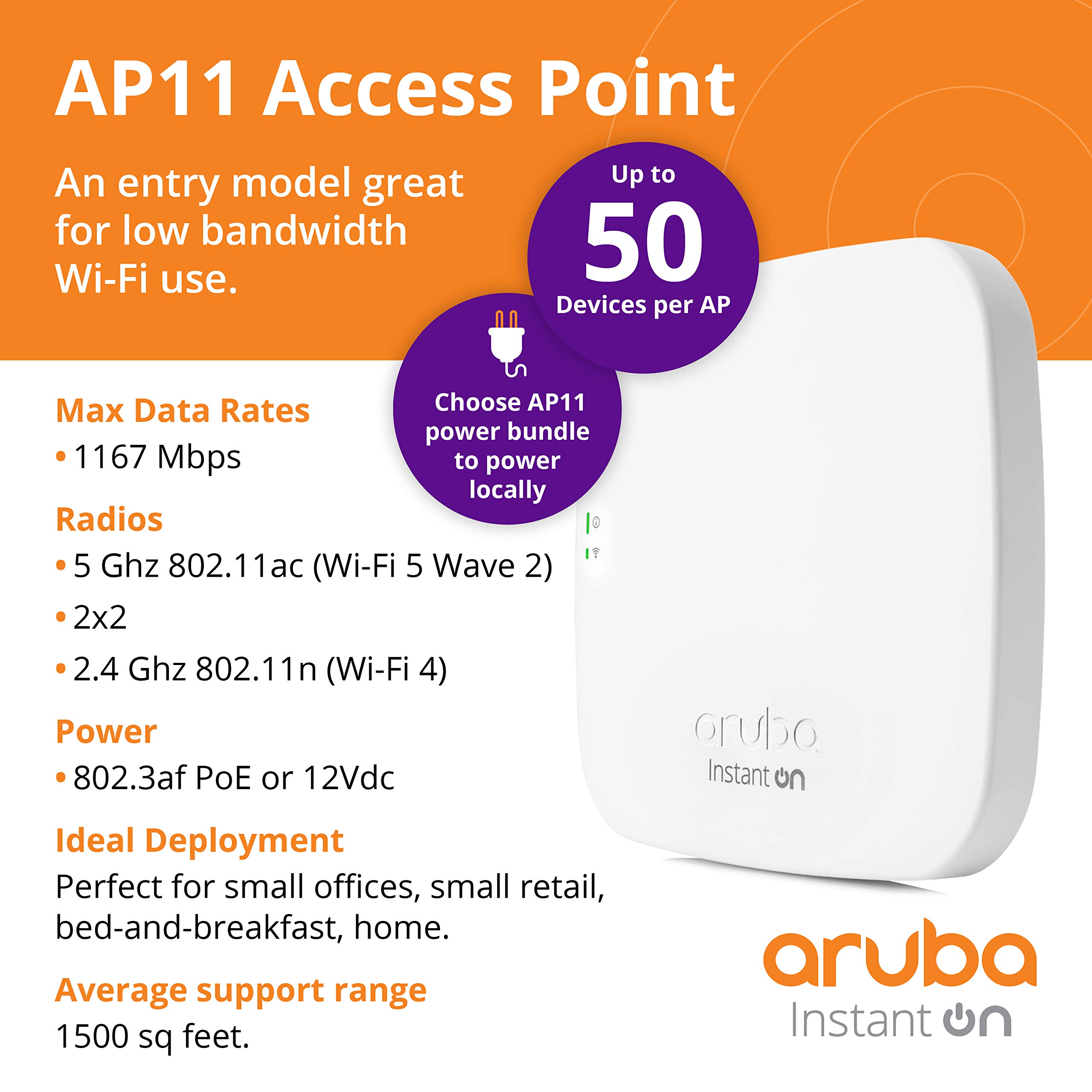 HPE Networking Instant On Access Point AP11 2x2 WiFi 5 Indoor Wireless Access Point | Power Source Not Included | US Model (R2W95A)