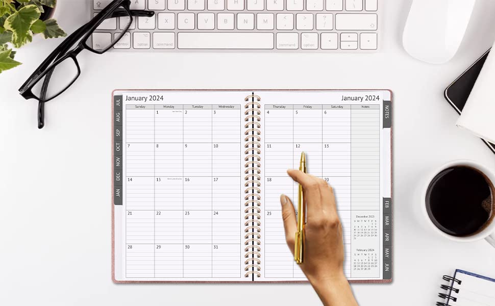 2023 2024 Academic Planner - Weekly and Monthly Planner with PU Leather Hardcover, Coated Month Tabs, Inner Pocket and Elastic Closure Band, 6"x8.5", Rose Gold