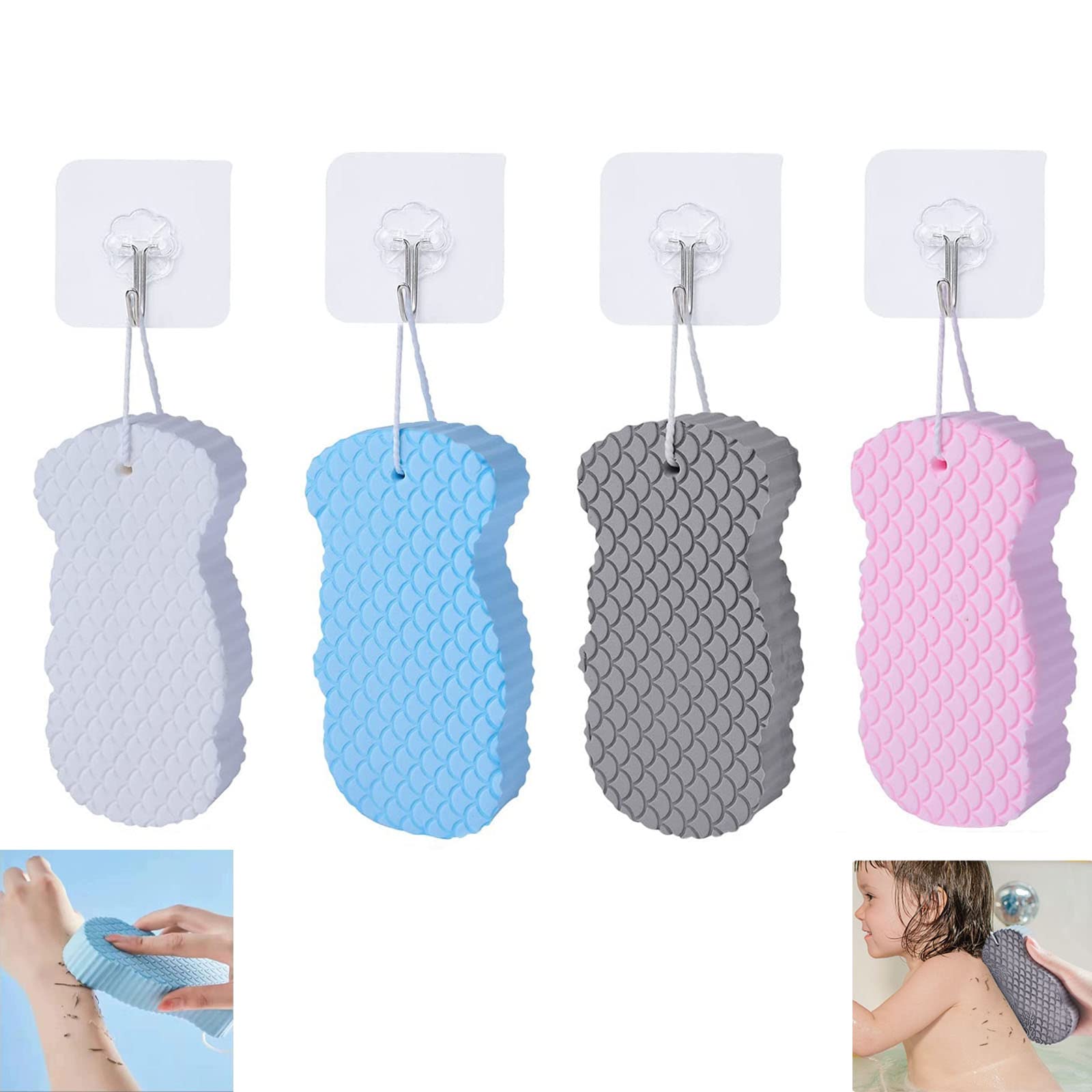 4 pcs Exfoliating Bath Sponge, 3D Ultra Soft Bath Body Shower Sponge, Magic Bath Sponge Dead Skin Remover, Reusable Exfoliating Exfoliating Skin Remover (Pink+Blue+Gray+White)