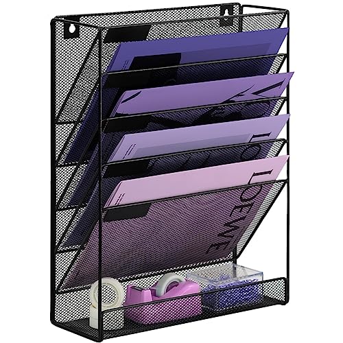 HMXLJJY 6 Tier Mesh Wall File Organizer,Vertical File Organizer,Hanging Folder Organizer Wall Mount with Flat Tray,Mail Organizer for Papers,Folders,Files Clipboard & Magazine Organization for Office,Home(Black)
