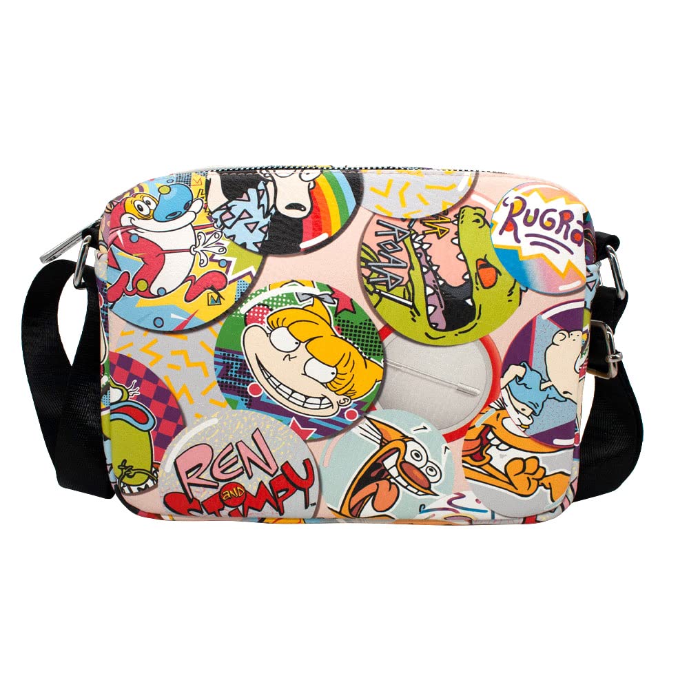 Buckle Down Nickelodeon Bag, Cross Body, Rectangle, 90s Character and Logo Buttons Stacked, Pink, Vegan Leather, Nick 90's Rewind