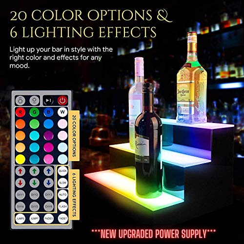 Savvy Life Selects LED Liquor Shelf– 3 Tier Bar Bottle Display – Colorful Light Bar Shelf – LED Colors & Light Effects – Lighted Liquor Shelves with Plug – Remote Control and Spouts Included