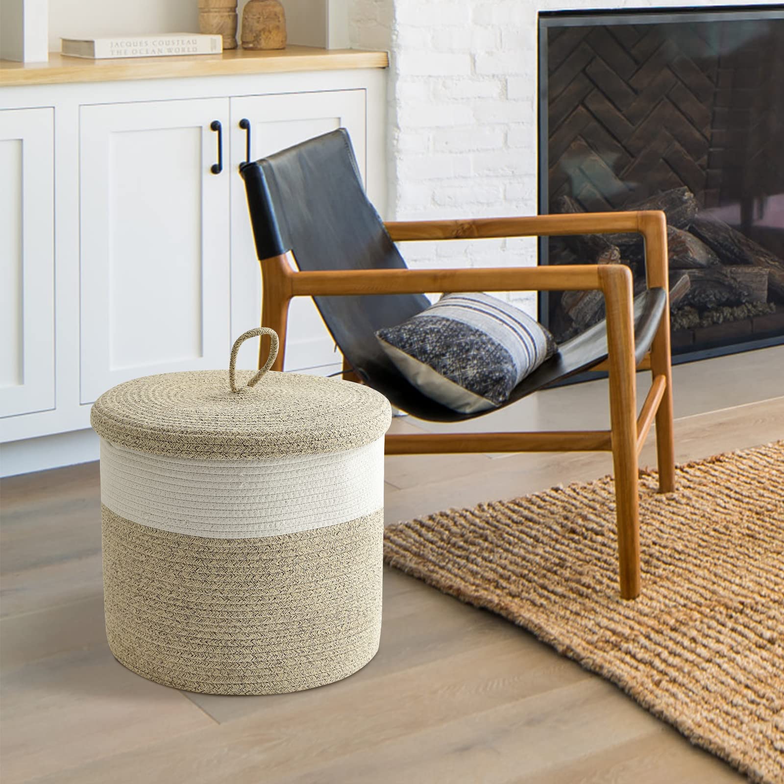 Tegance Blanket Basket with Lid, 16"D x 14"H Large Woven Rope Basket Laundry Basket Baby Toy Storage Basket Hamper Decorative Nursery Bin for Living Room Bedroom with Handles (Brown&White)