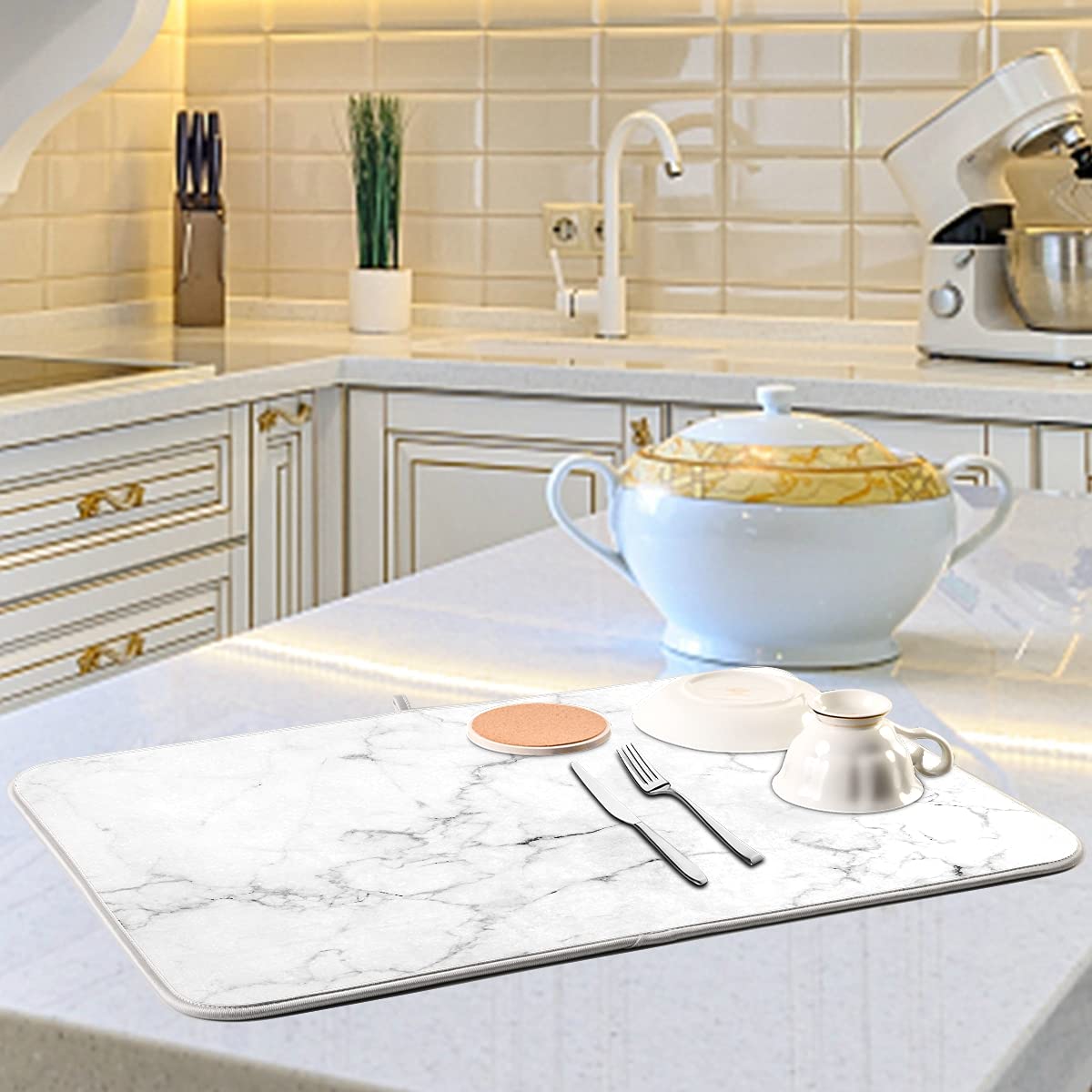 Absorbent Dish Drying Mat for Kitchen Counter - Marble Print Microfiber Drying Pad, Reversible Drainer Mats for Countertop, Medium 16 x 18 inch