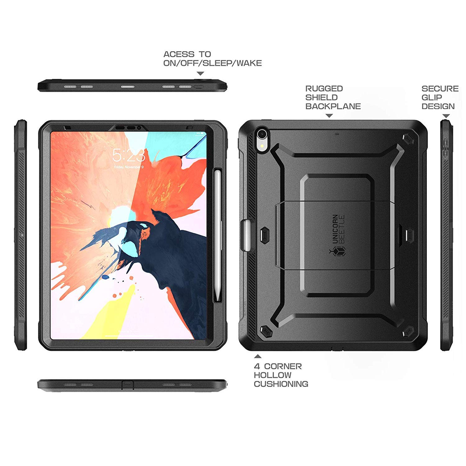 SUPCASE UB Pro Series Case for iPad Pro 12.9 2018, Support Apple Pencil Charging with Built-in Screen Protector Full-Body Rugged Kickstand Protective Case for iPad Pro 12.9 2018 Release (Black)