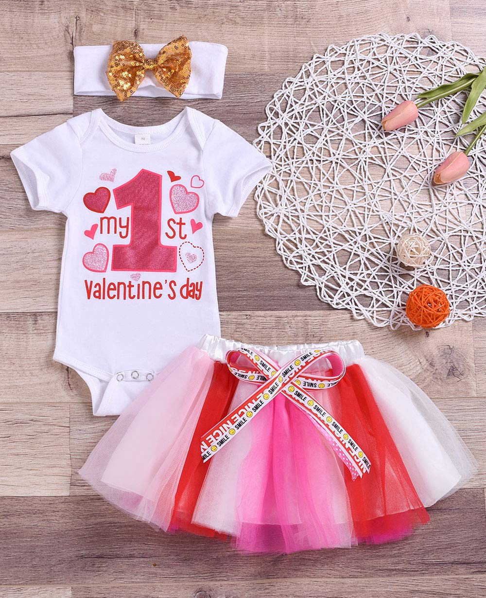 KANGKANG My First Valentine Day Newborn Girl Clothes Romper + Tutu Skirt Infant Summer Outfits 3PC Set 6-9 Months