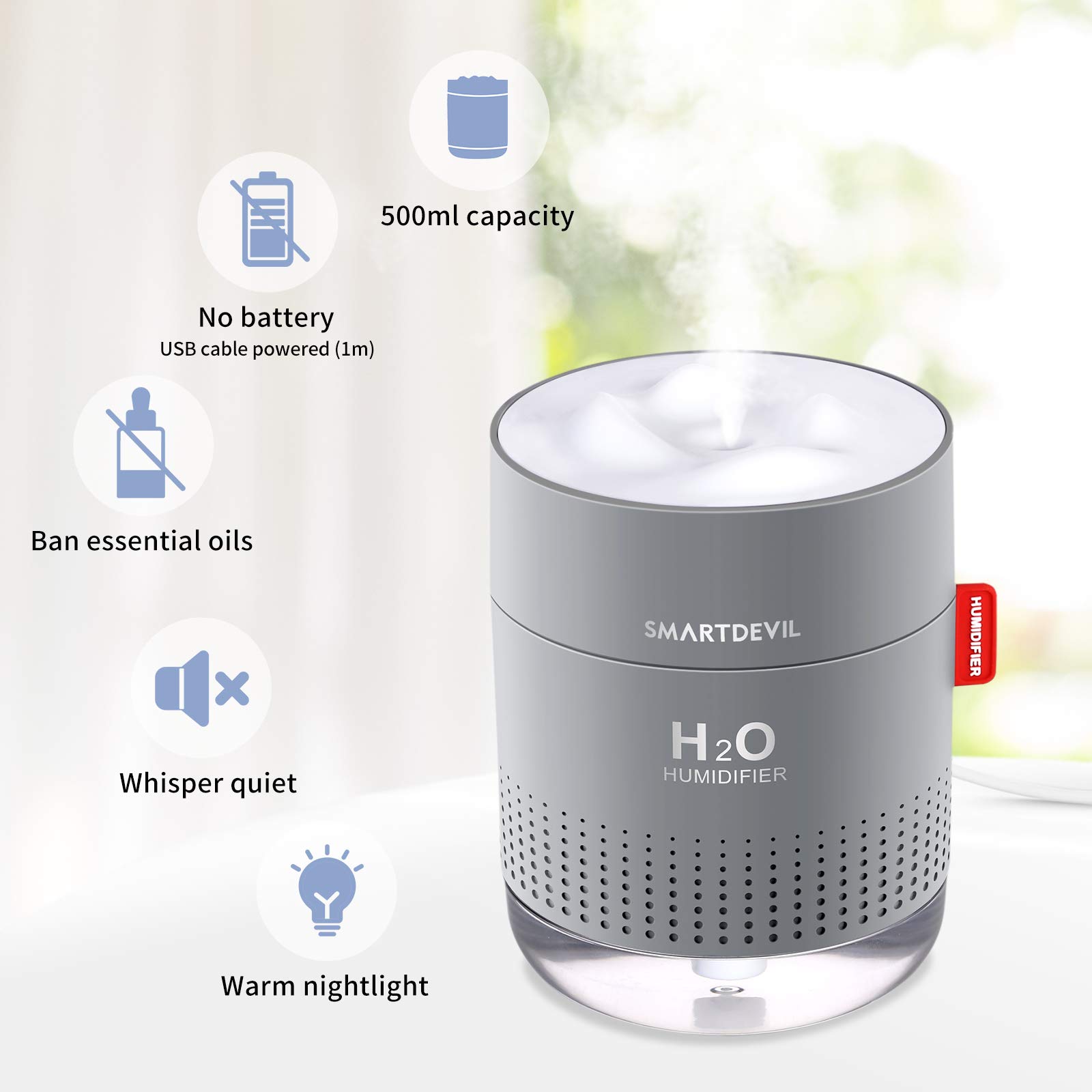 SmartDevil Small Humidifiers, 500ml Desk Humidifiers, Whisper-Quiet Operation, Night Light Function, Two Spray Modes,Auto Shut-Off for Bedroom, Babies Room, Office, Home (Gray)