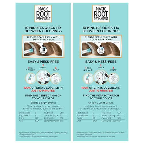 L’Oréal Paris Magic Root Permanent Hair Color, 10 Minute Hair Dye Kit to Rescue Roots with 100% Gray Hair Coverage, 6 Light Brown, 2 Pack (Packaging May Vary)