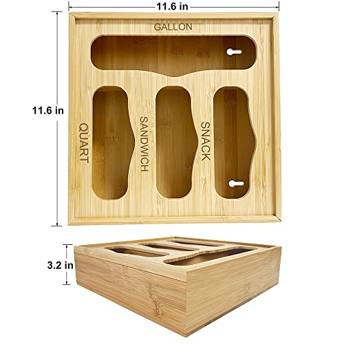 Bamboo Ziplock Bag Storage Organizer for Kitchen Drawer, Wooden Food Storage Bag Holders, Ziploc Baggie Organizer Dispenser, Compatible with Gallon, Quart, Sandwich & Snack Bags Variety Size Bag