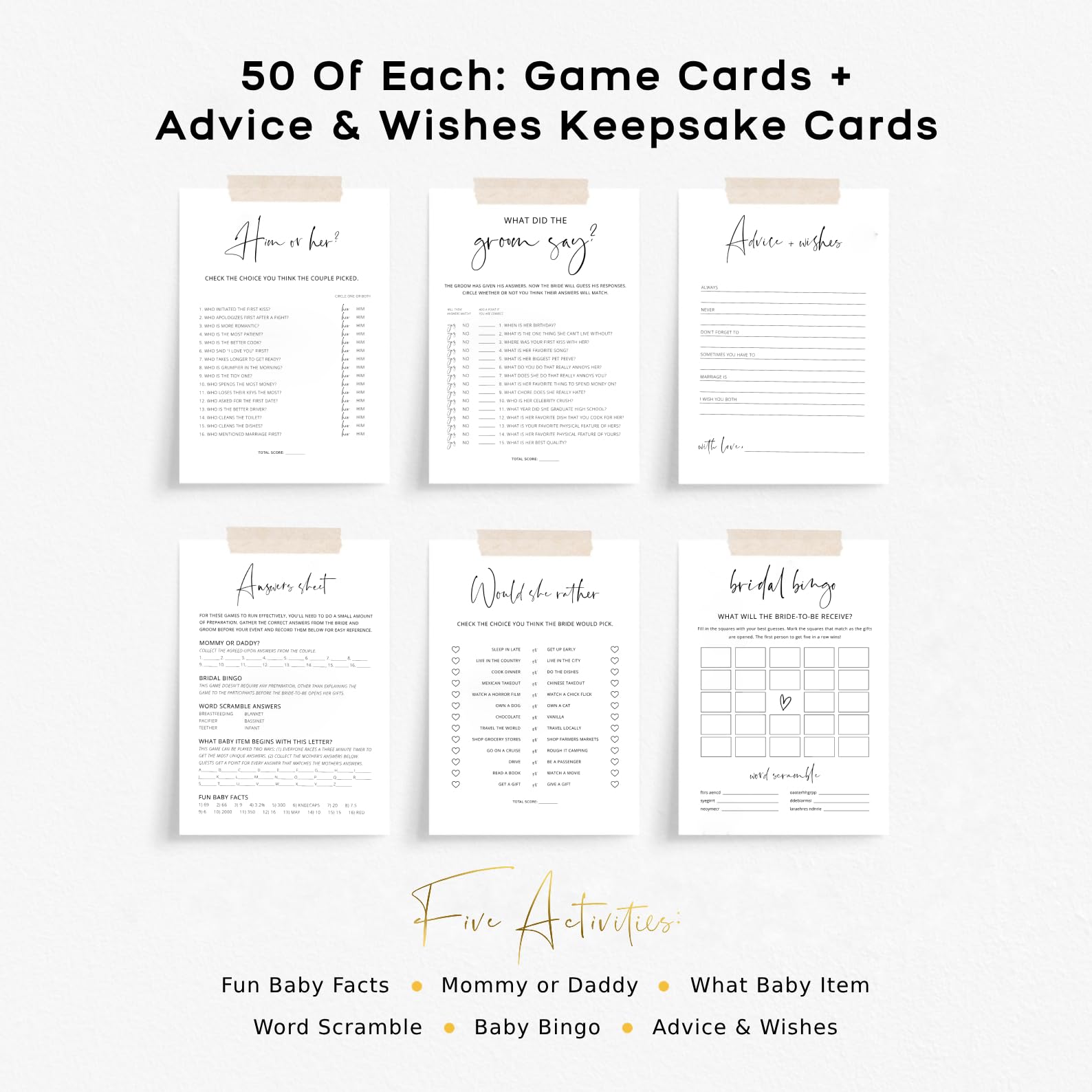 GardenCity Bridal Shower Games For 50 Guests, 4 Games + Advice and Wishes - Double Sided Cards - Minimalist