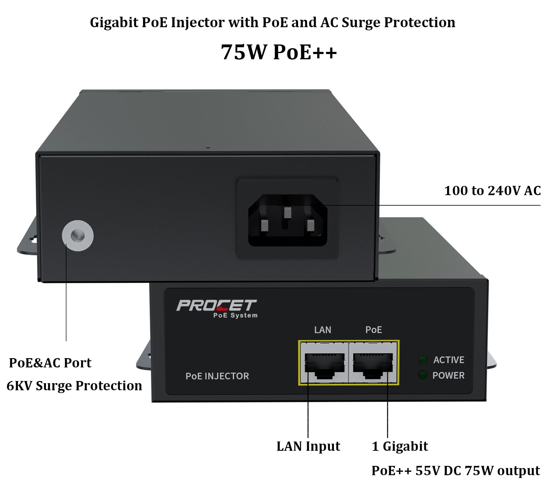 PROCET PoE Iniector 75W Active PoE++ Industrial Grade Gigabit PoE Power Injector, 6KV Surge Protection, -40°F to 149°F for PTZ Camera, Wireless AP, PoS System, Kiosks, PT-PSE107GHRO-A