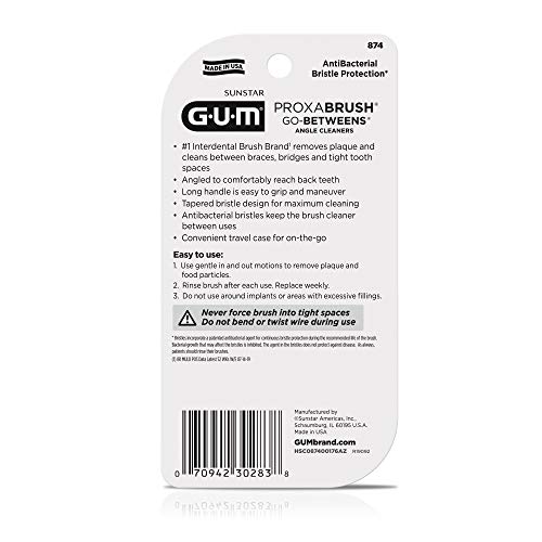 GUM Proxabrush Go-Betweens - Angled- Interdental Brushes - Soft Bristled Dental Picks for Plaque Removal Health - Safe for Braces & Dental Devices, 4ct (6pk)