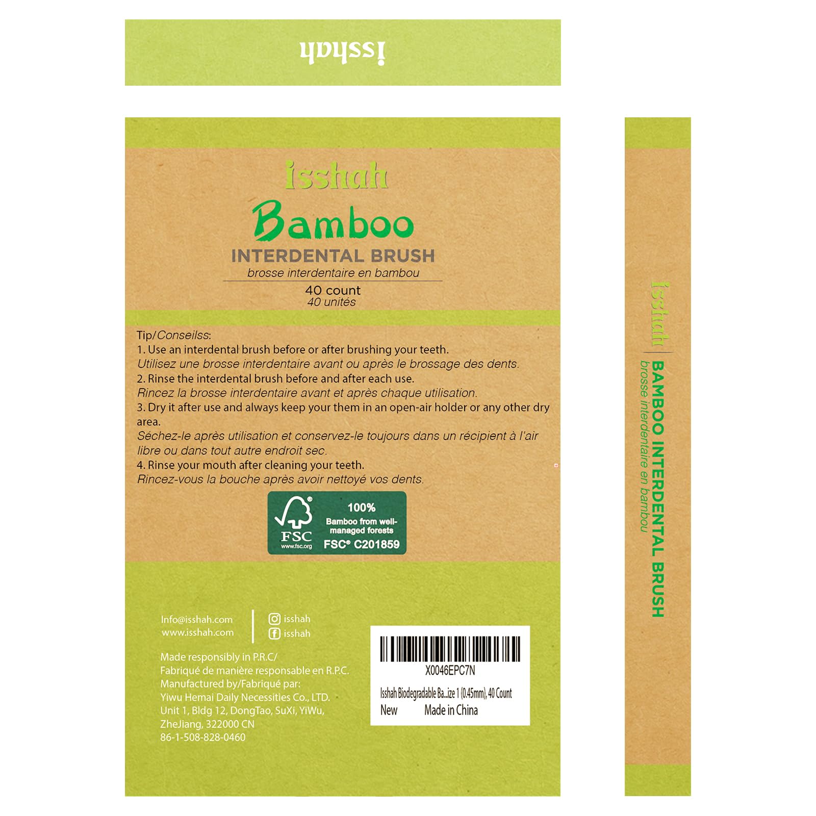 Isshah Biodegradable Bamboo Handle Interdental Brushes Between Teeth Cleaner Deep Clean Toothpick, FSC Certified and PETA Approved, Size 1 (0.45mm), 40 Count