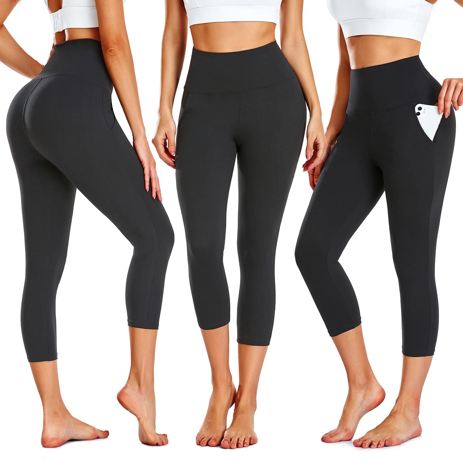 3 Pack Capri Leggings for Women Butt Lift-High Waisted Tummy Control Black Workout Yoga Pants