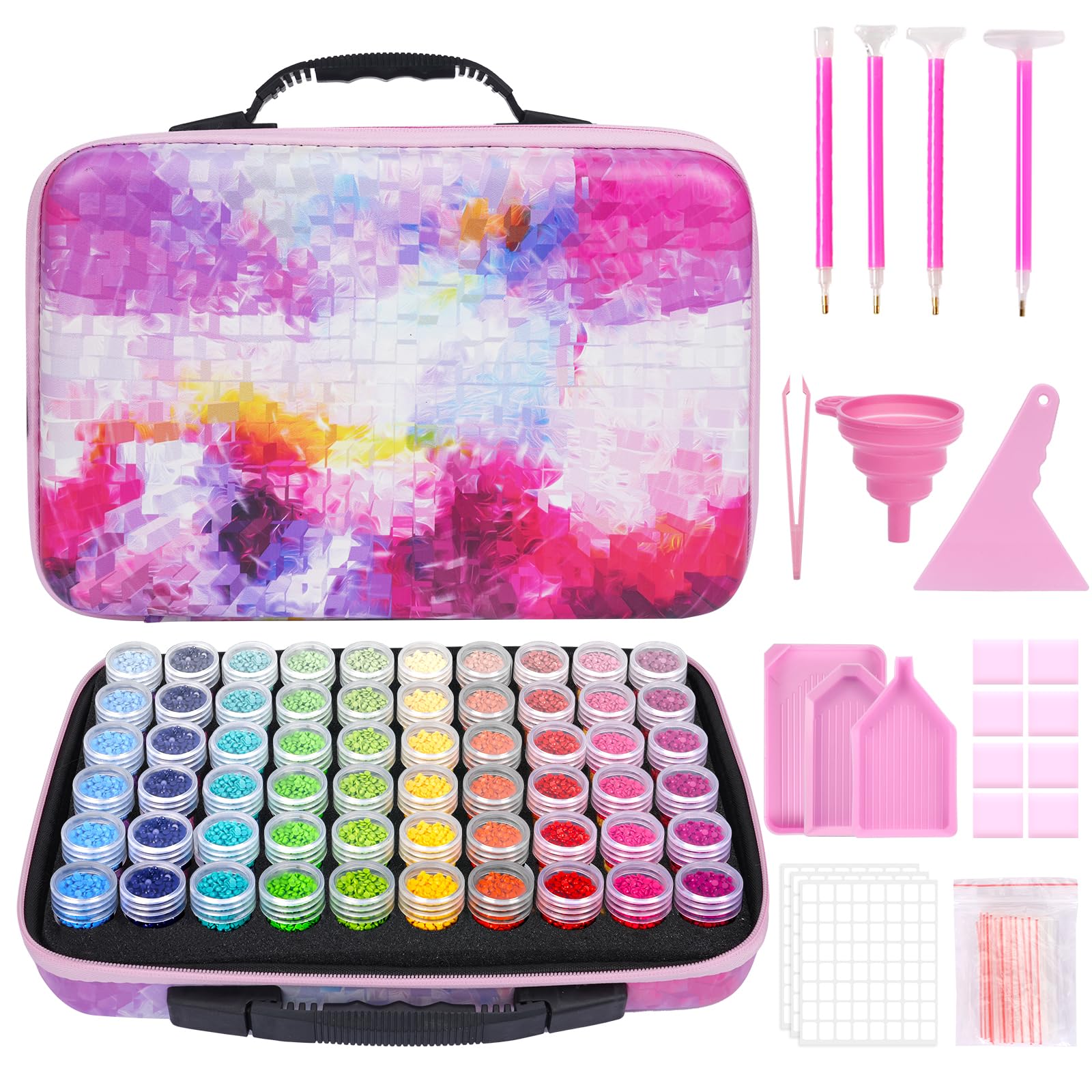 QUEFE 60 Slots Diamond Painting Storage Containers, Pink Diamond Art Accessories and Tools Kit Box with Shockproof Jars for DIY Diamond Art Craft Jewelry Bead Rhinestones Organizer