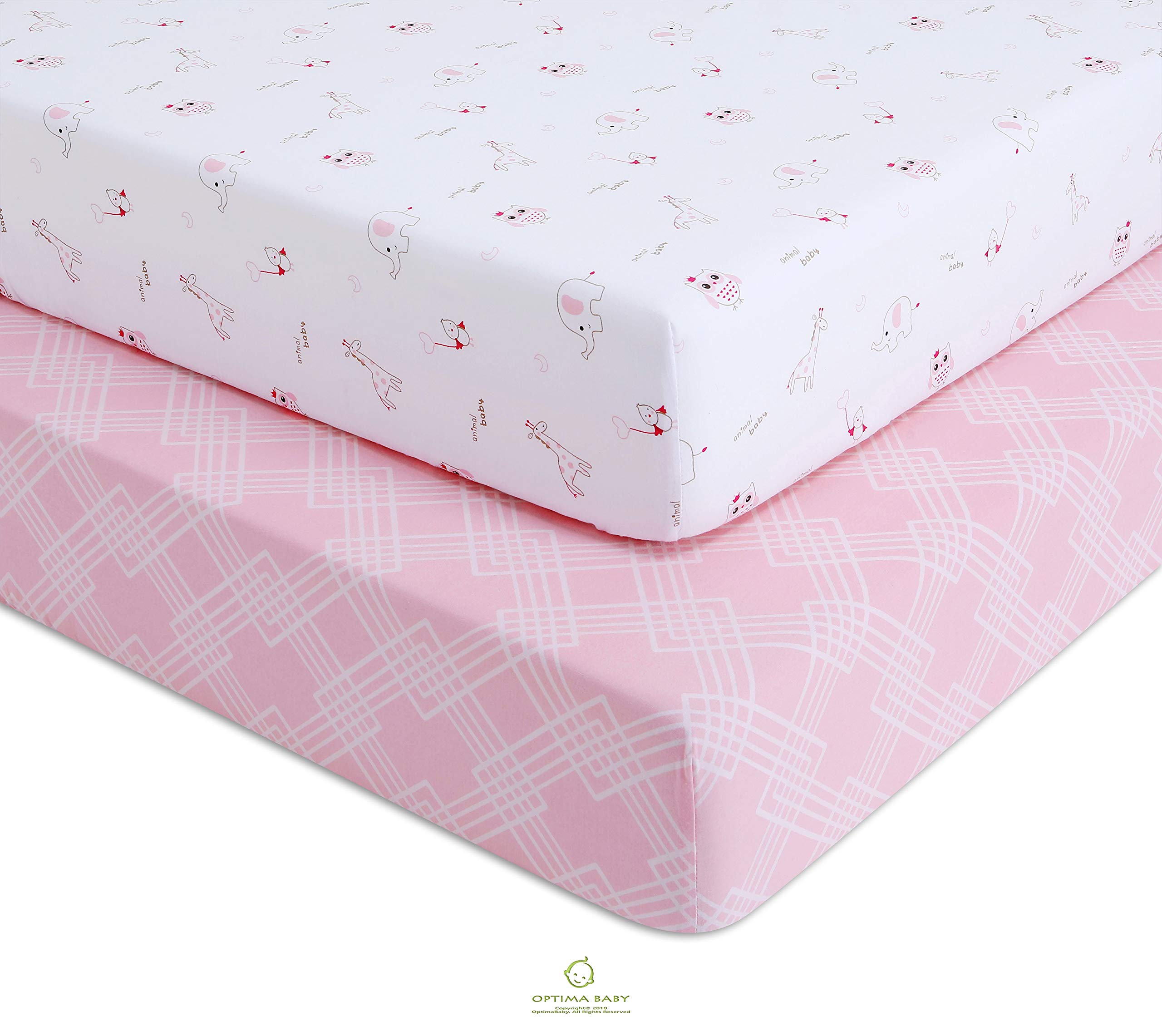 OptimaBaby Pink Crib Sheets, Animals Fitted, 2 Count