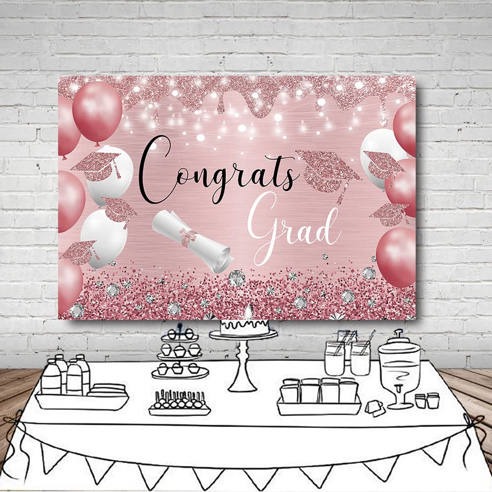 MEHOFOND 7x5ft Rose Gold Congrats Grad Backdrop Graduation Decorations Class of 2024 Ceremony Banner Pink and White Balloons Prom Supplies Photography Studio Props