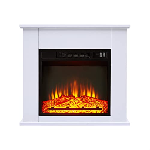 25 Inch 1400W Deluxe Electric Fireplace Mantel Heater, Wooden Freestanding Portable Patio Hearth Space Stove with Remote Control & Realistic Flames Remote Control for Home Room Indoor-White
