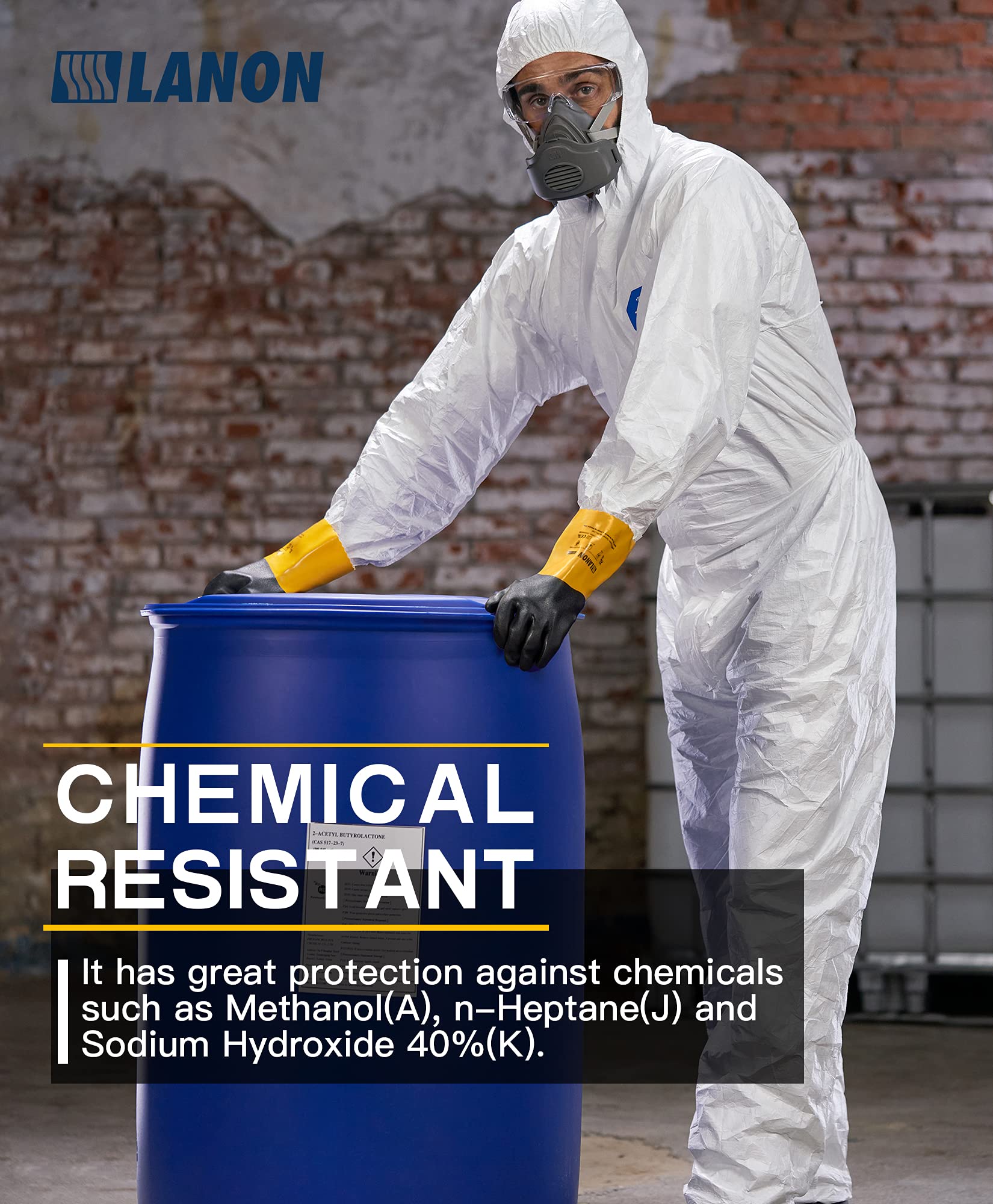 LANON PVC Chemical Gloves, Thick Rubber Work Gloves, Heavy-Duty, EN 374/388, Acid, Alkali and Oil, Non-Slip, XL