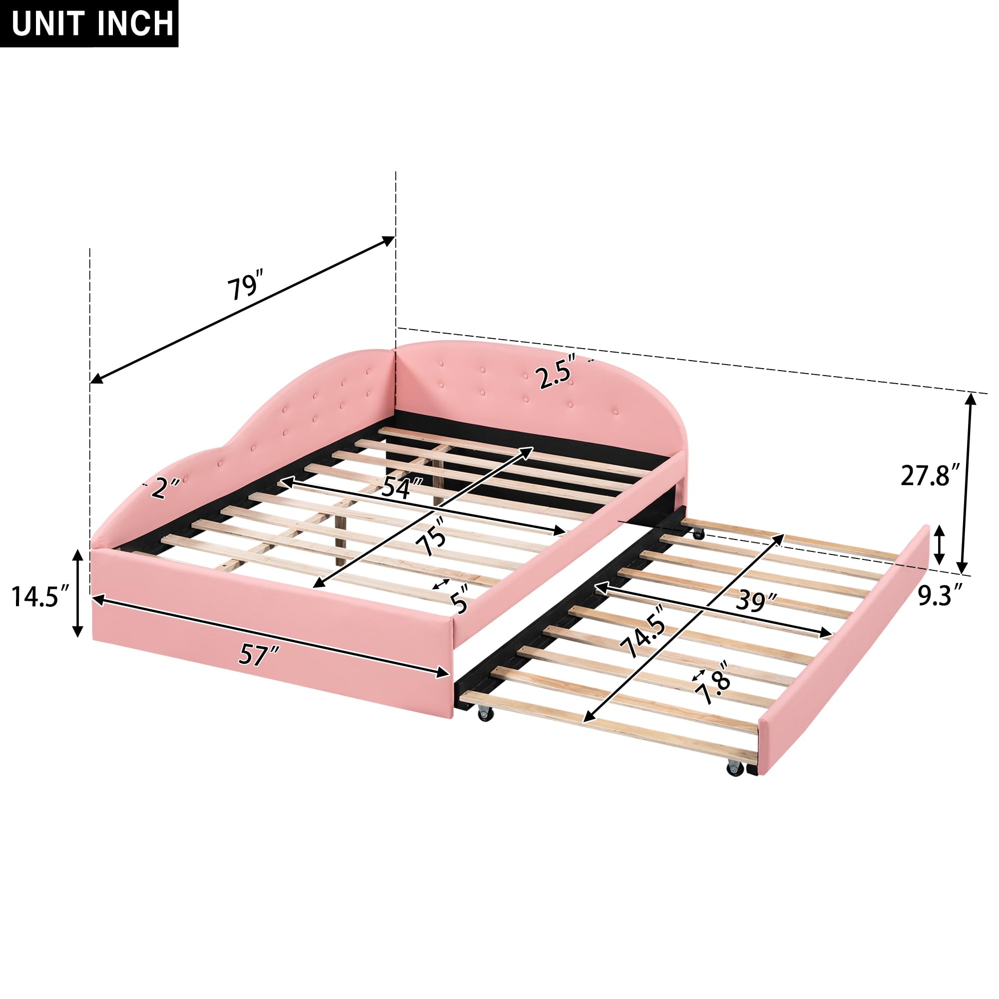 Acosure Full Size PU Upholstered Tufted Daybed with Twin Size Trundle and Cloud Shaped Guardrail,No Box Spring Required,Sofa Bed Frame for Kids Boys Girls Bedroom,Living Room,Pink
