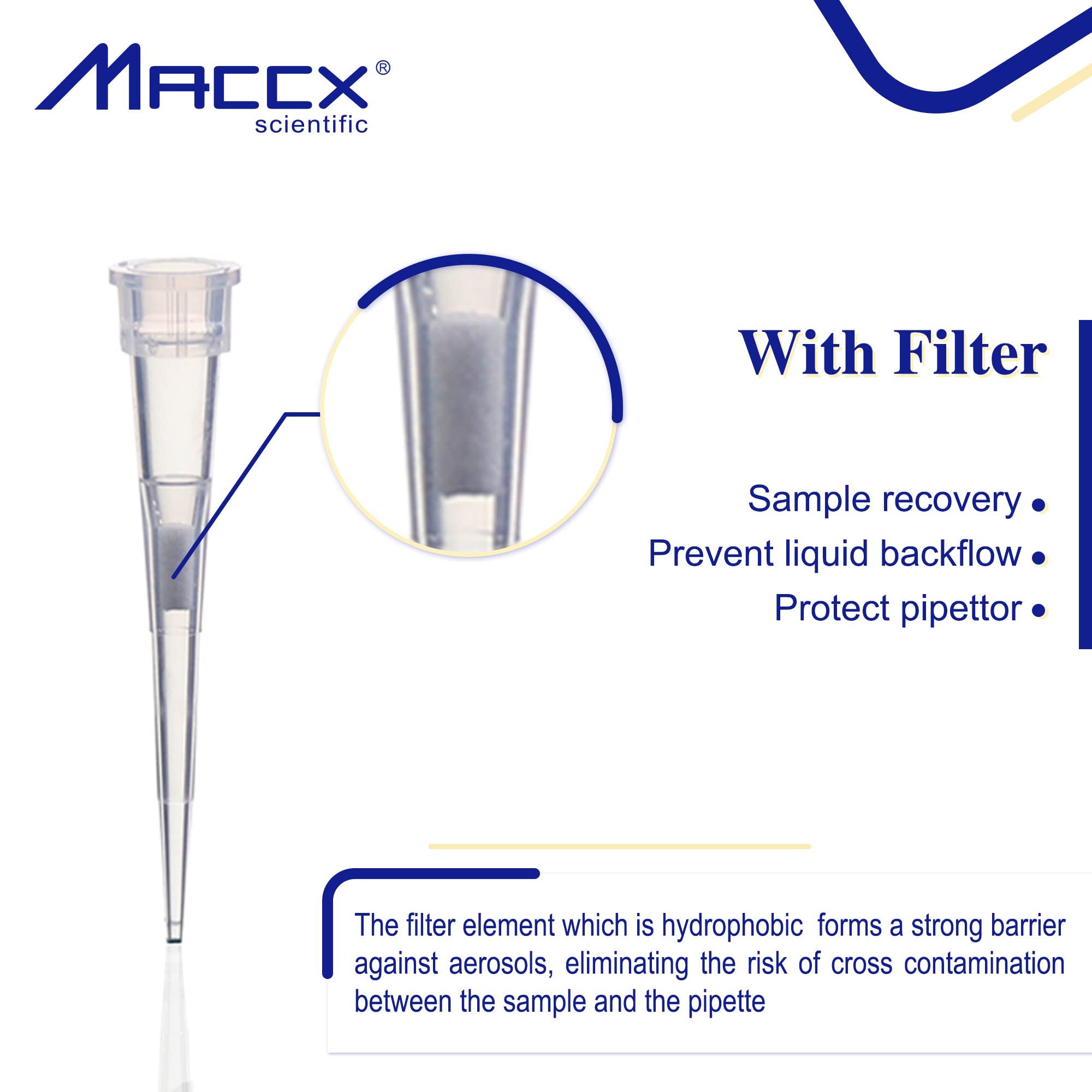 Maccx Disposable Filtering Pipette Tips, Universal Filter Pipette Tips, 960pcs of Vol. 10 μL, Molded Graduation, 96 Tips/Rack x 10 Racks, PTF010-960